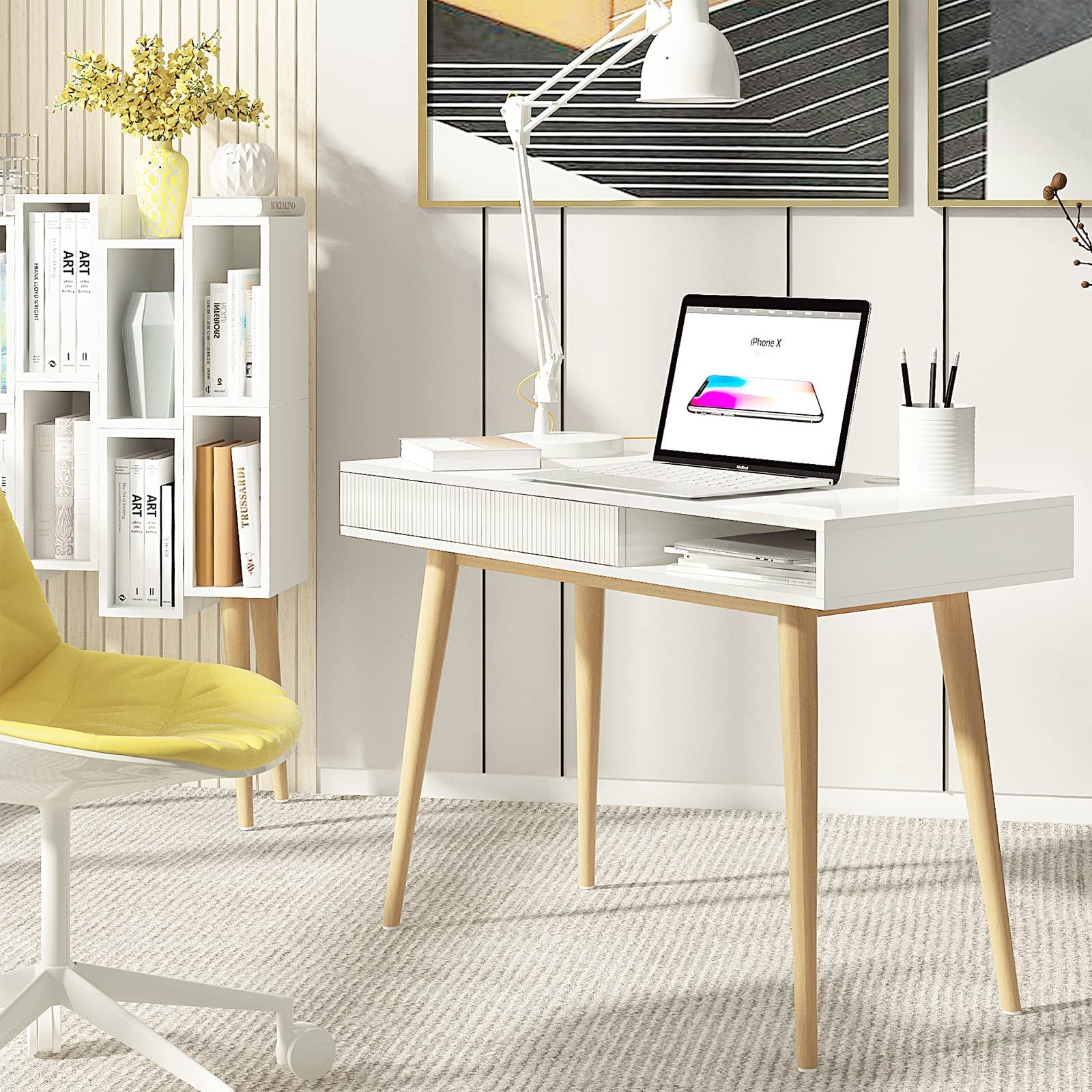 White Desk with Drawer Modern Wood Desk Small Office Desk Writing Desk ...