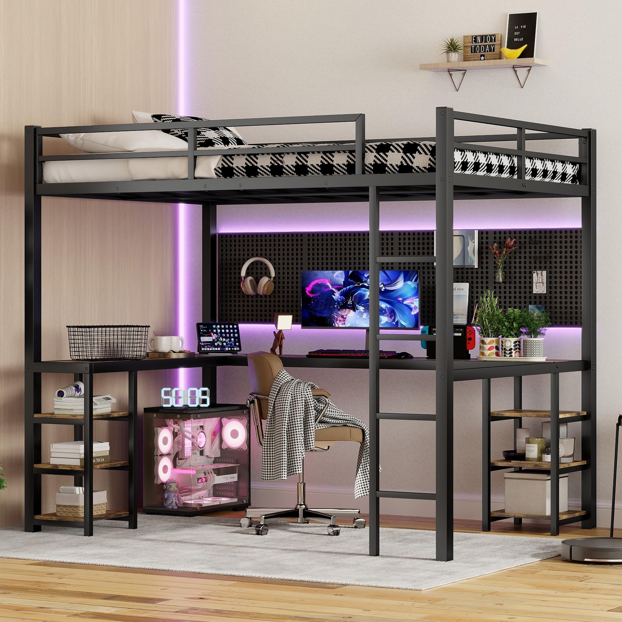 Amazon.com: Mixcous Heavy Duty Metal Full XL Size Loft Bed with L ...