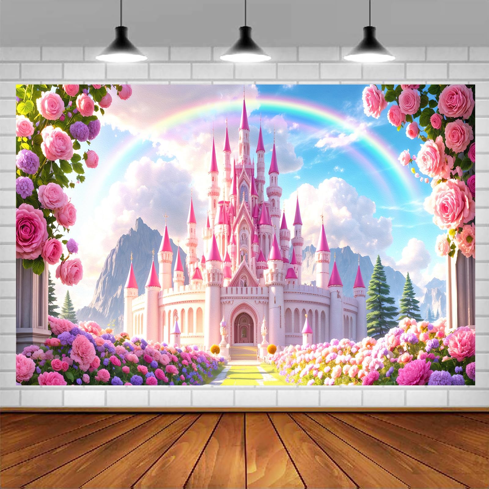 Amazon.com : Princess Castle Backdrop, Pink Rose Fairy Tale Castle Kids ...
