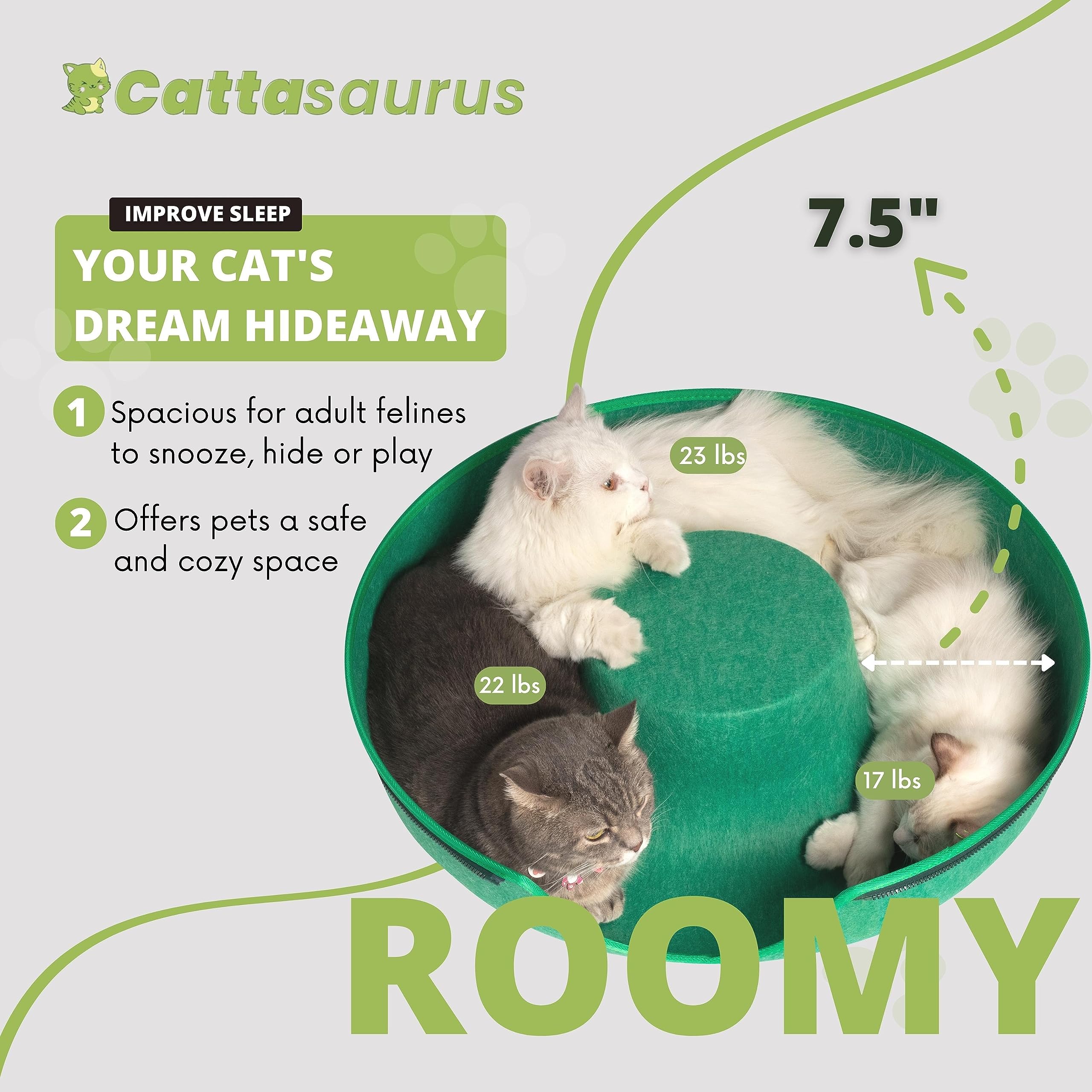 Cattasaurus Peekaboo Cat Cave for Multiple & Large Cats Up to 30 Lbs, Scratch Detachable ...