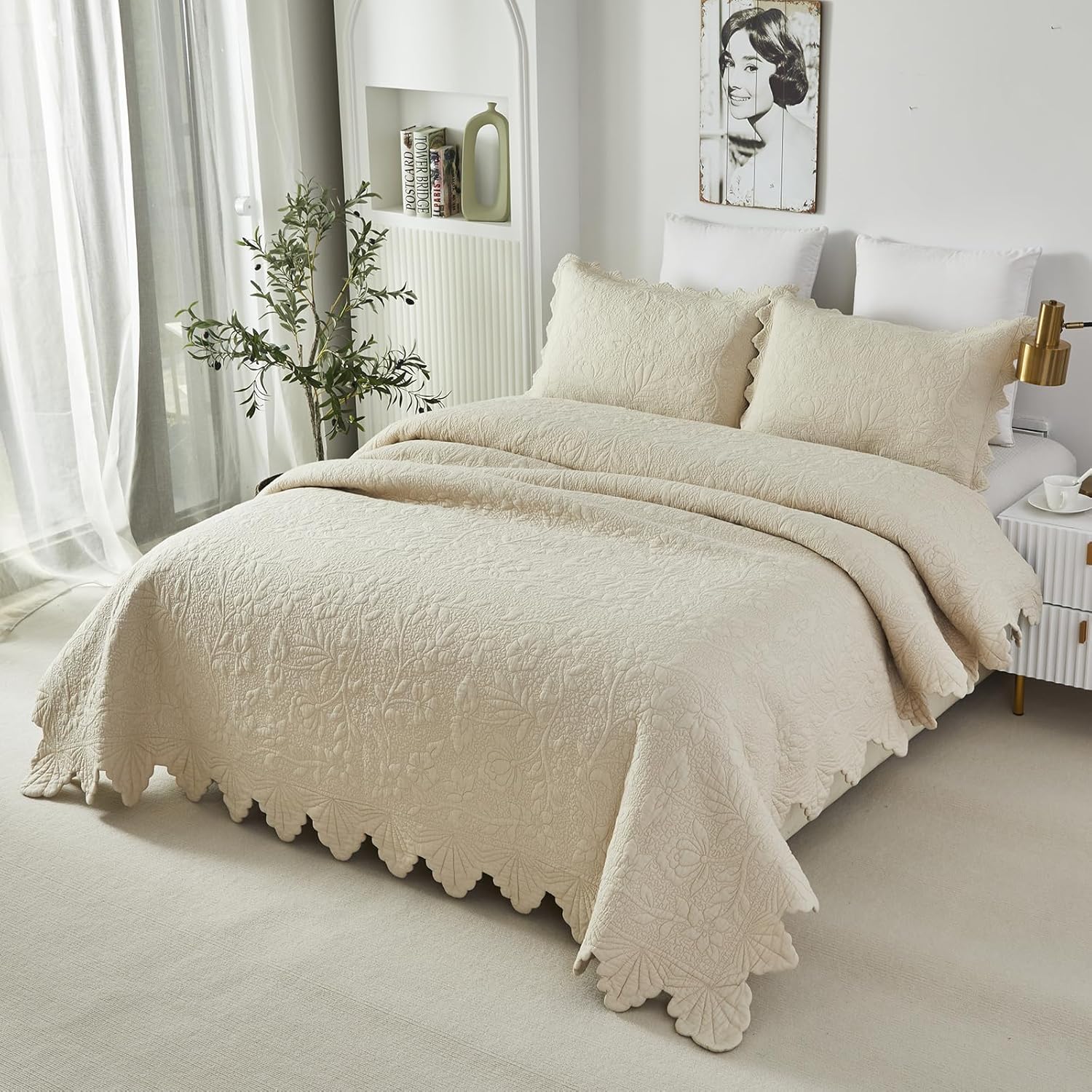 Amazon.com: Brandream Quilt Set Cotton Beige Quilts Full Size Luxury ...