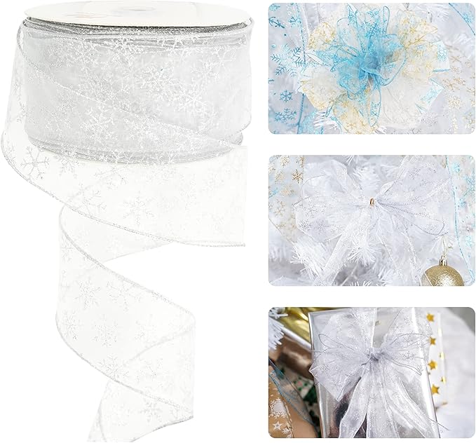 Amazon.com: HUIHUANG Snowflake Ribbon Wired 2.5 inch Christmas Organza ...