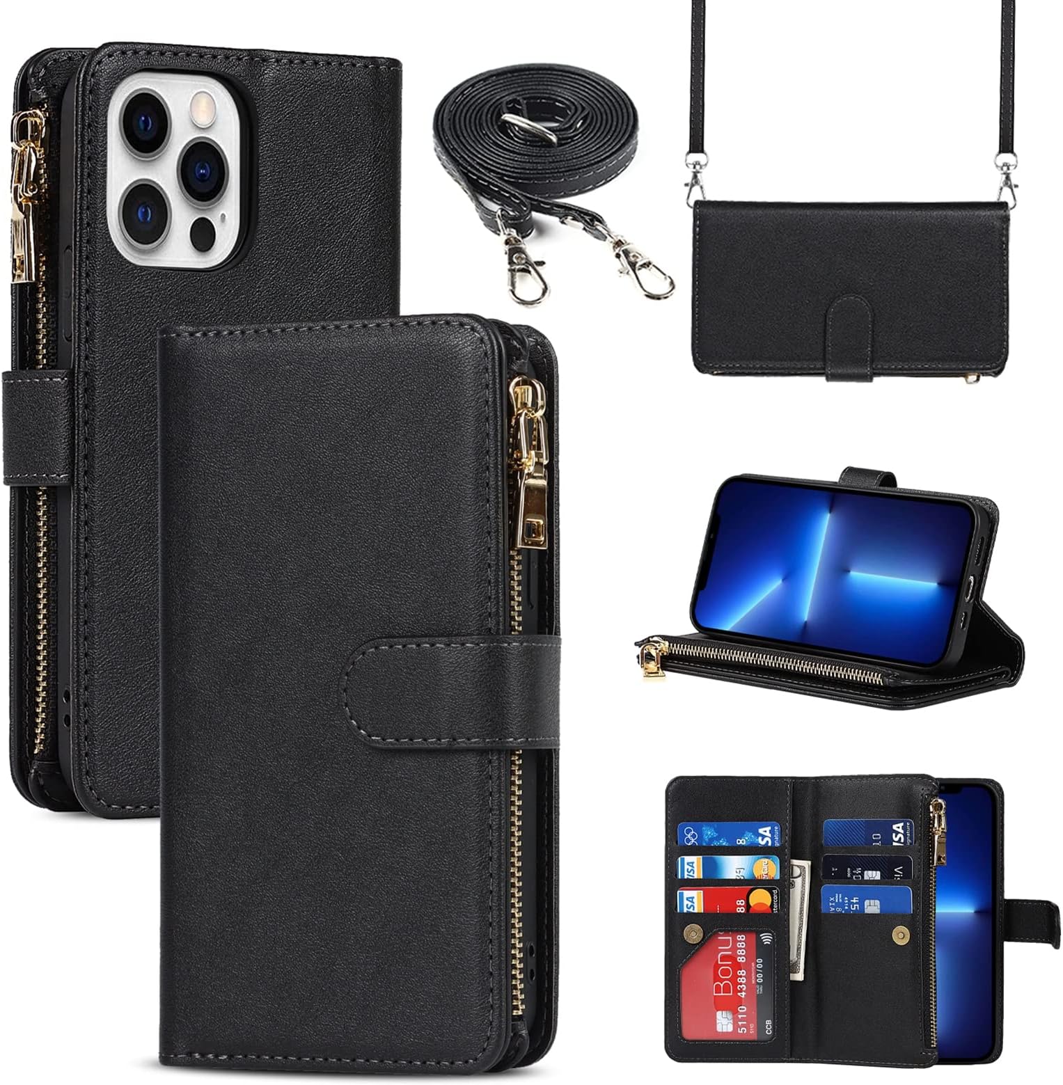 Amazon.com: Jaorty for iPhone 13 Pro Max Crossbody Wallet Case with Detachable Adjustable ...