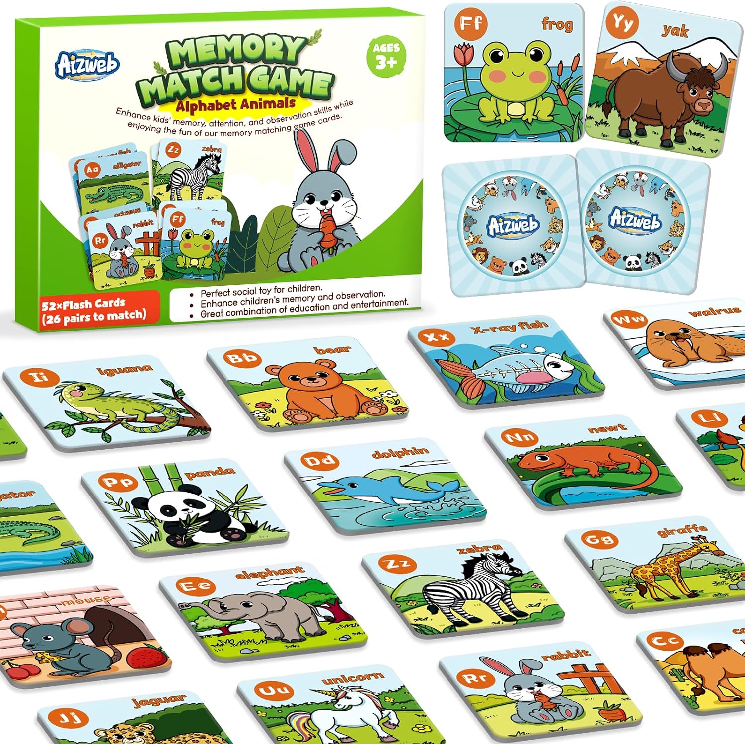 Amazon.com: Aizweb Alphabet Match Game,Memory Game,52 Pcs ABC Learning Letter Flash Cards for ...