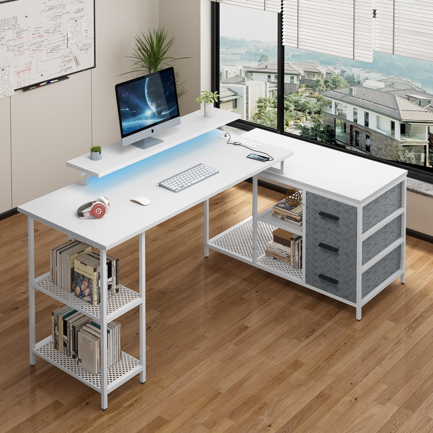 Amazon.com: SFDOU White L Shaped Desk with 3 Drawers, Computer Desk ...