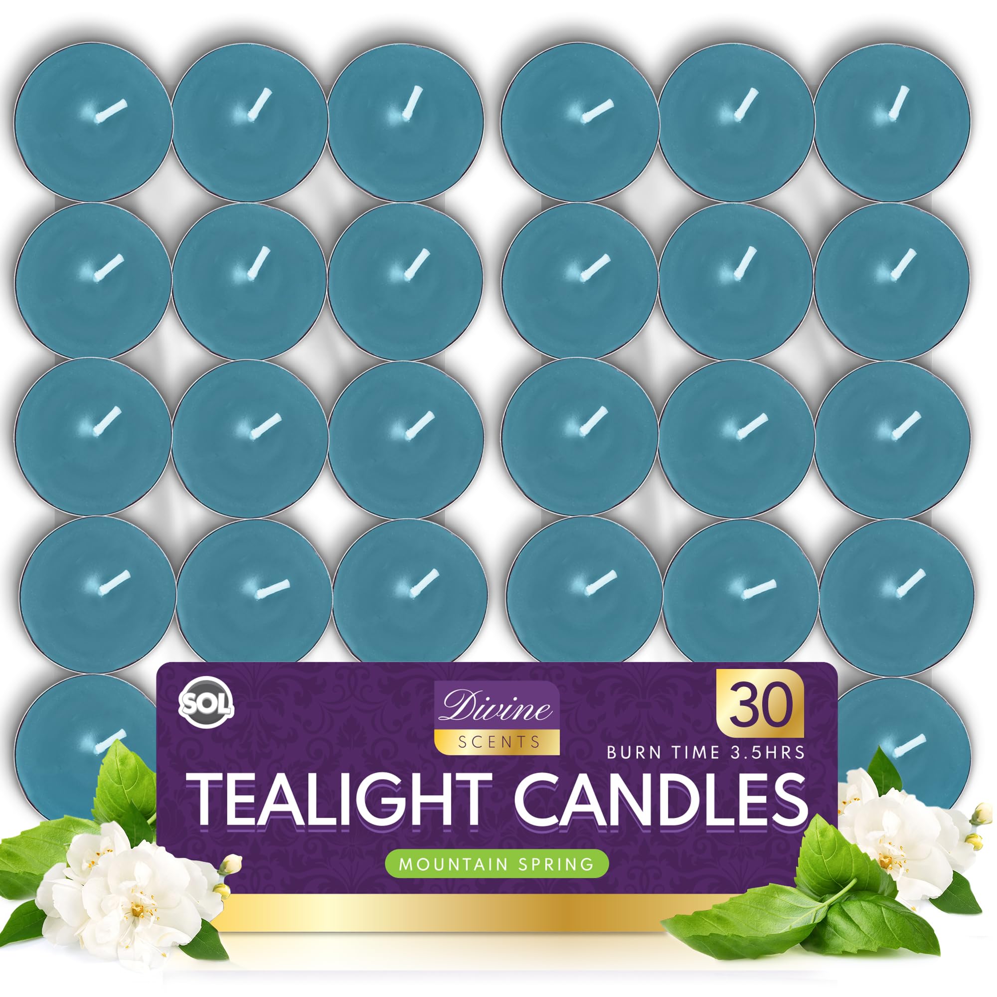 SOL 30pk Tea Light Candles Mountain Spring - Long-Burning Blue Tealight ...