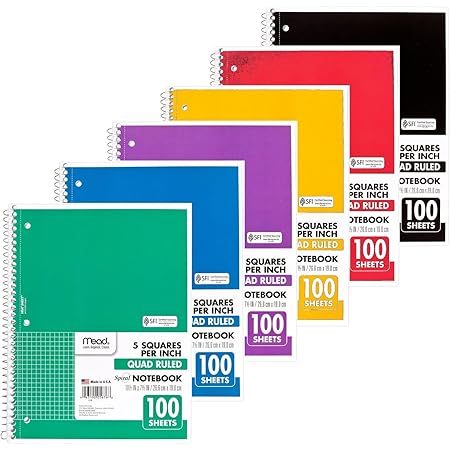 Amazon.com : Mead Spiral Quad Ruled Notebook, 1 Subject 5 Squares per ...