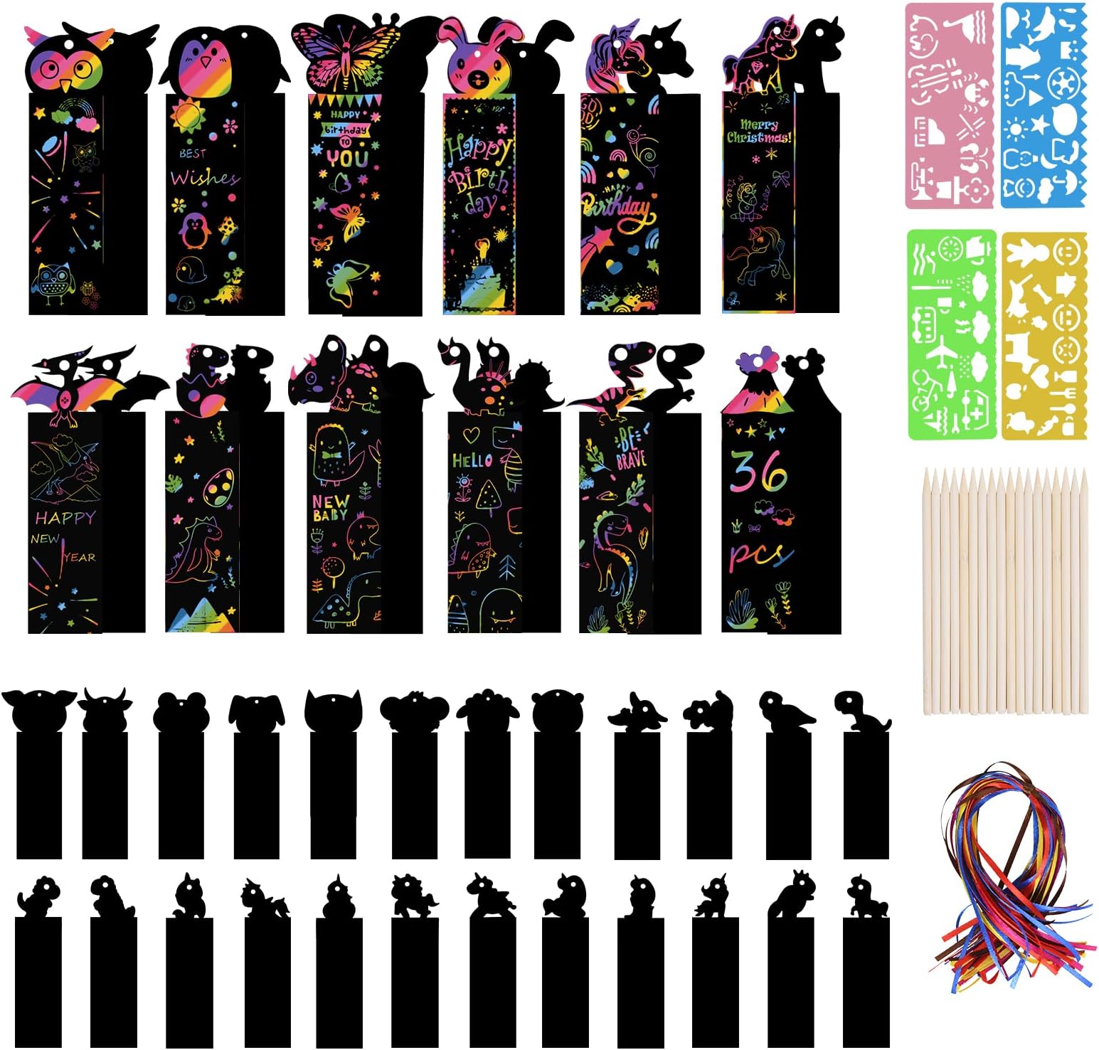 Rainbow Scratch Art for Kids – 48 Pcs Creative Scratch Art Bookmarks - 10 Wooden Stylus 48 ...