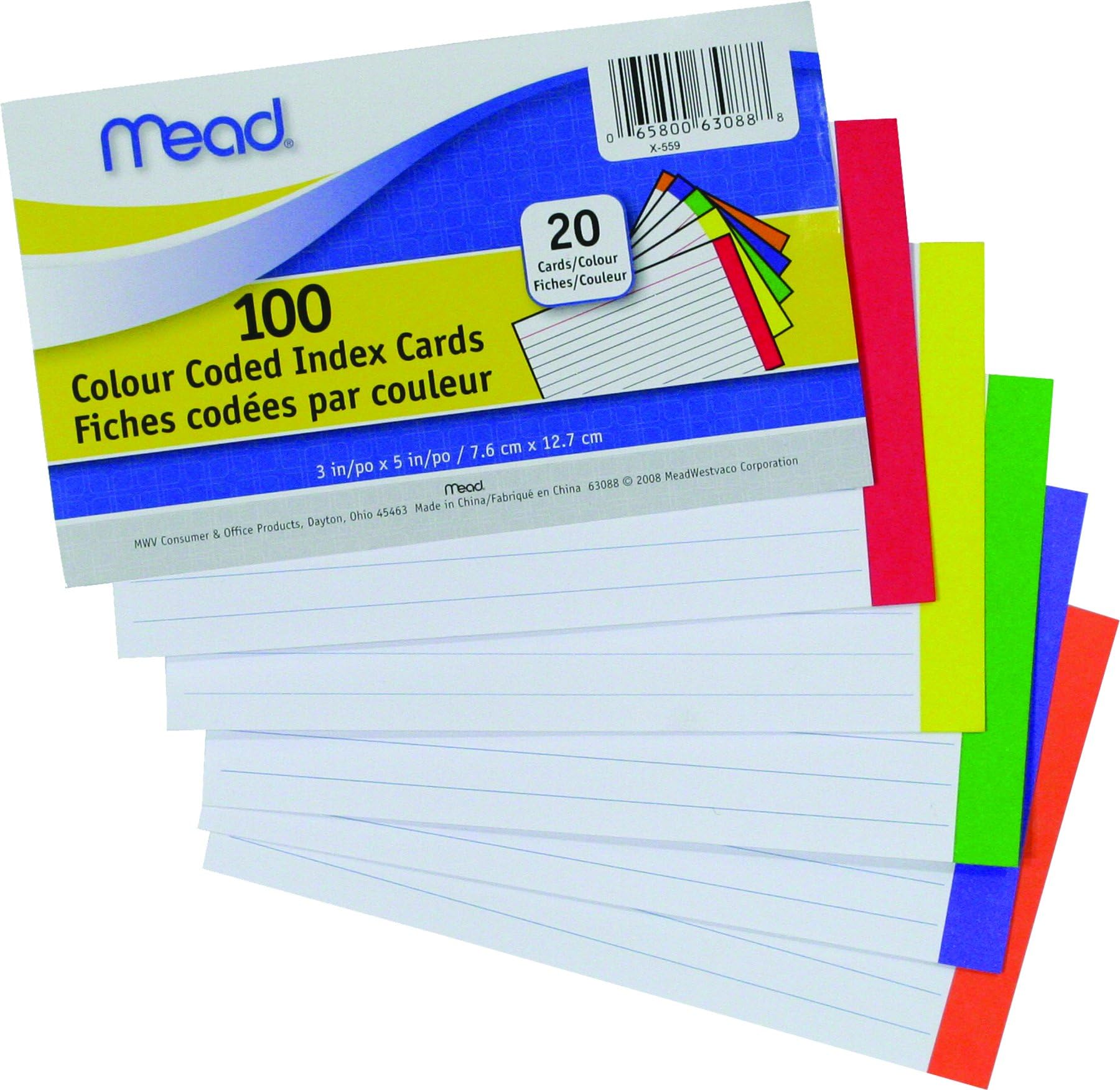 Mead 63088 Color Coded Index Cards, Ruled, 3x5-Inch, 100-Count : Amazon ...