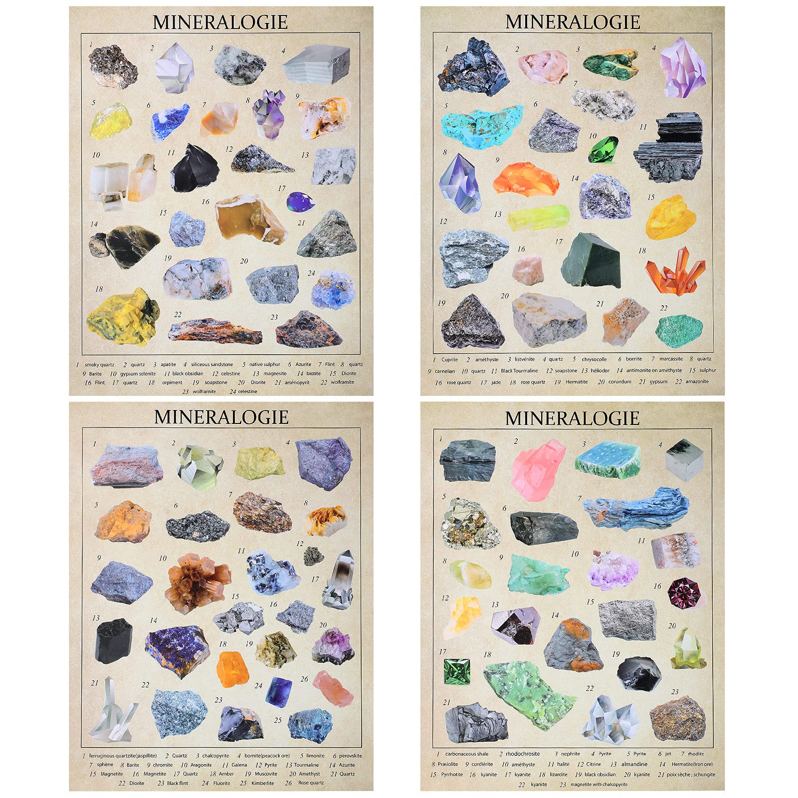 4 Pieces Vintage Mineral Specimens Poster Crystal Gems Posters Colorful ...