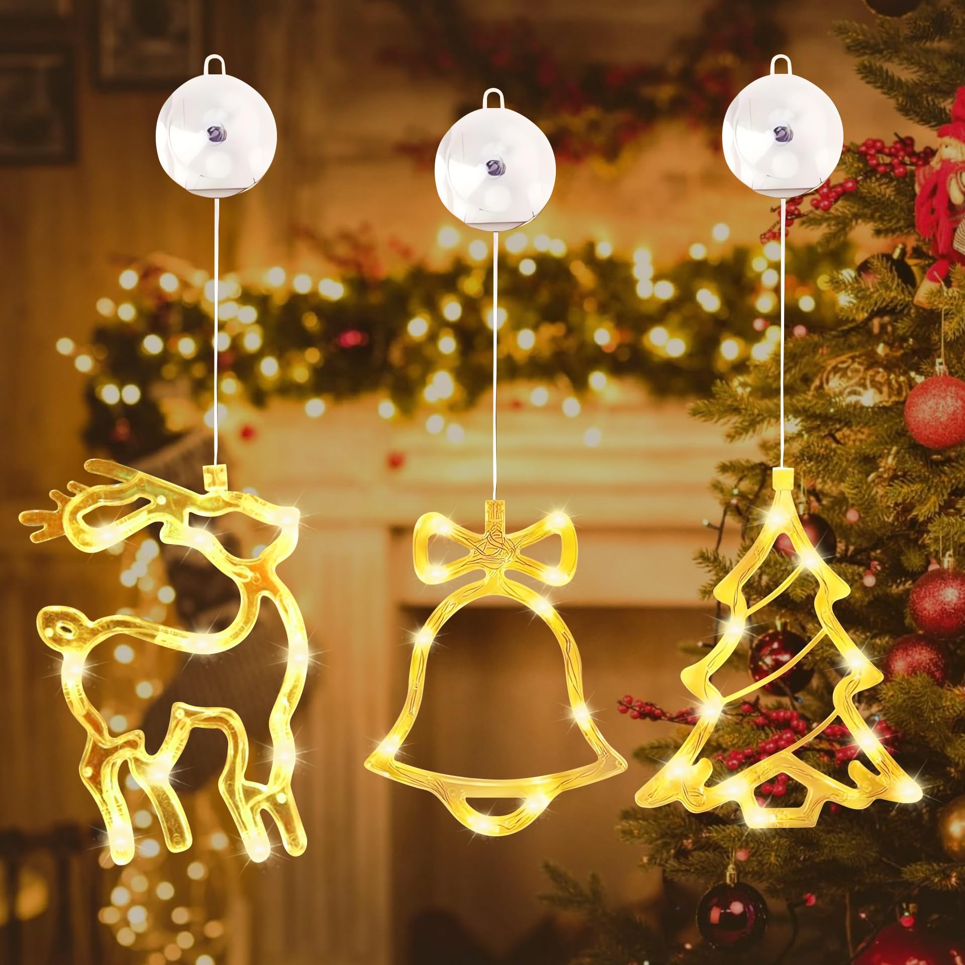 3Pcs Christmas Window Lights Decorations, Warm White Light with Suction ...