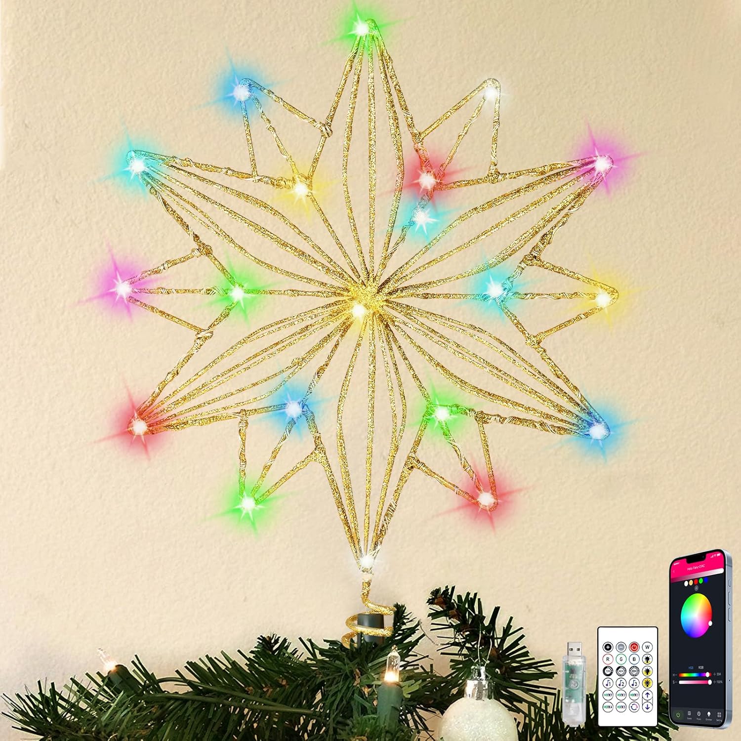 Amazon.com: Christmas Star Tree Topper, RGB 8In Glittered Star Tree ...
