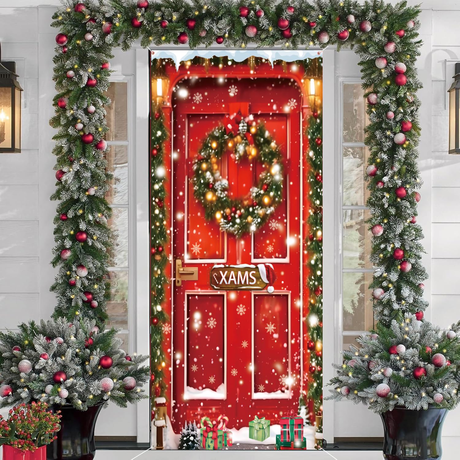 Amazon.com : Christmas Door Cover Decoration Merry Christmas Red Door ...