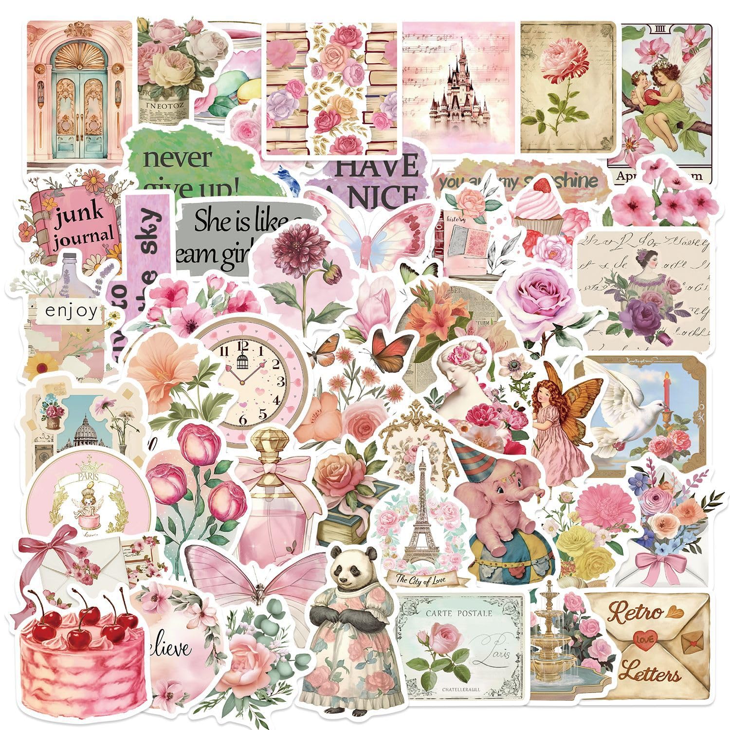 Amazon.com: Pastel Vintage Pink Aesthetic Floral Sticker - 50pcs Retro ...