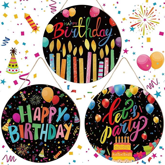 Amazon.com: Threehoney 3 Pcs 12 Inch Happy Birthday Wooden Sign Round ...