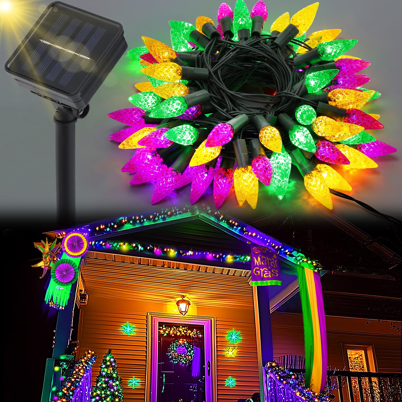 40FT Solar Mardi Gras Lights Decoration - 100 LED C6 Light Outdoor ...
