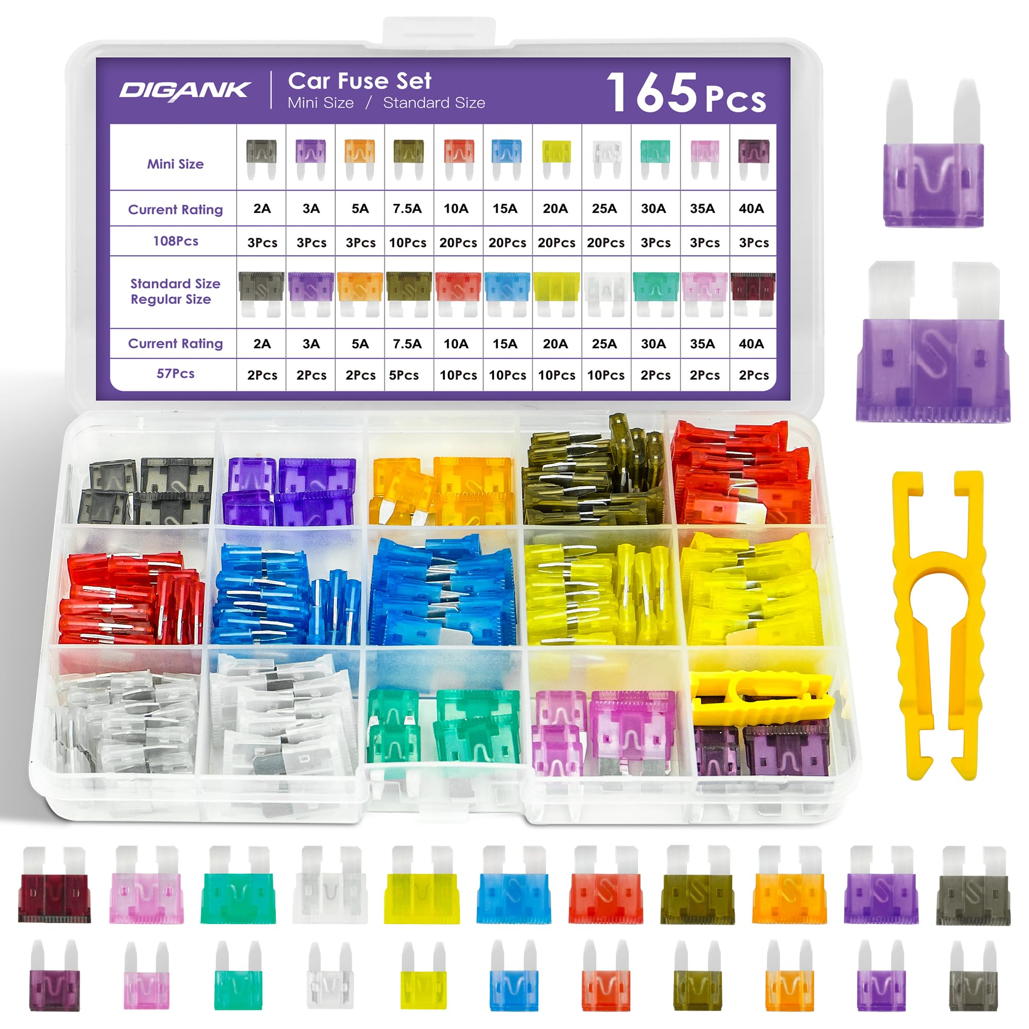 165 Pcs Car Fuses Kit – Mini & Standard Blade Fuses, 2A-40A, Mixed Fuse ...