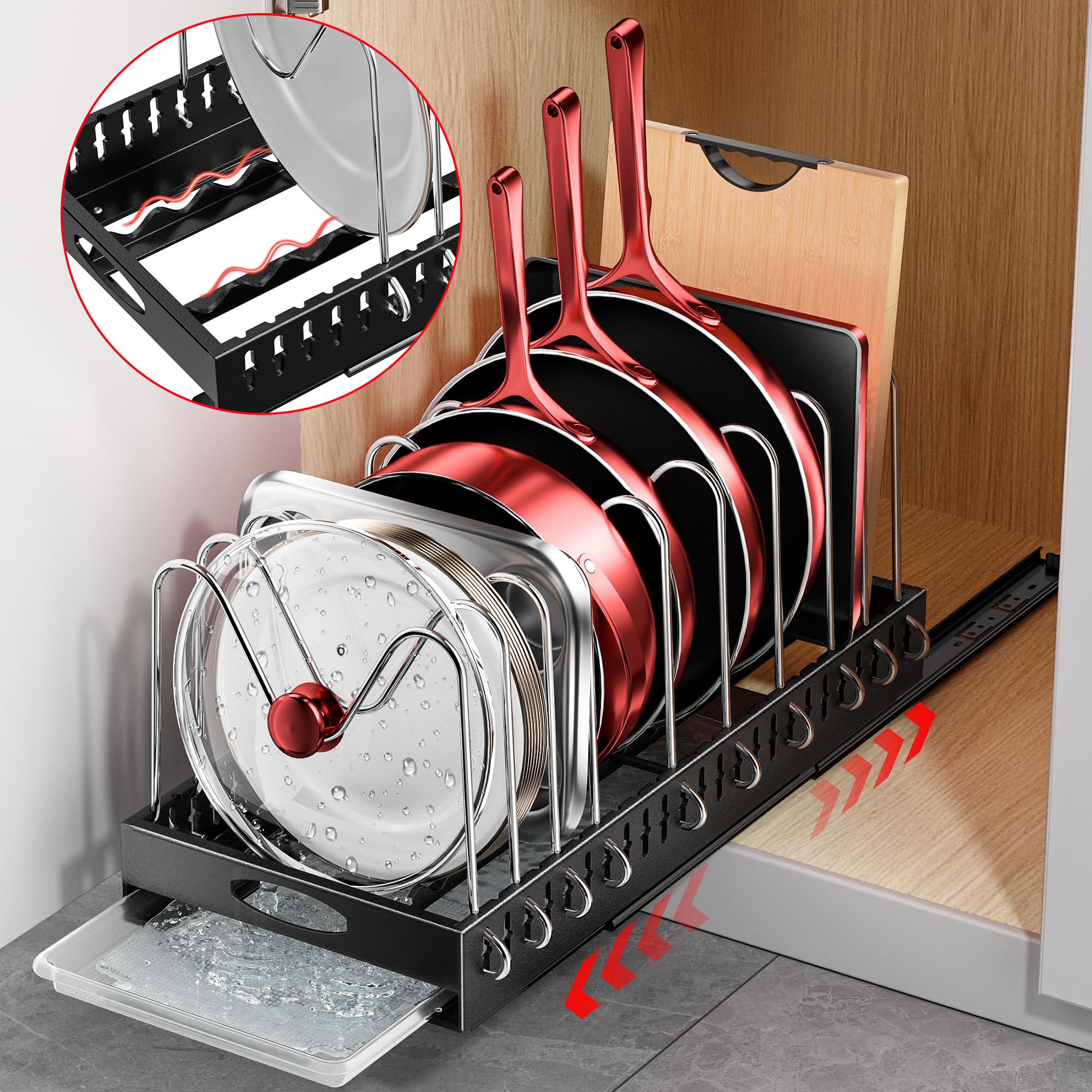Pull Out Pots and Pans Organizer for Cabinet, 20” Deep Sliding Lid ...