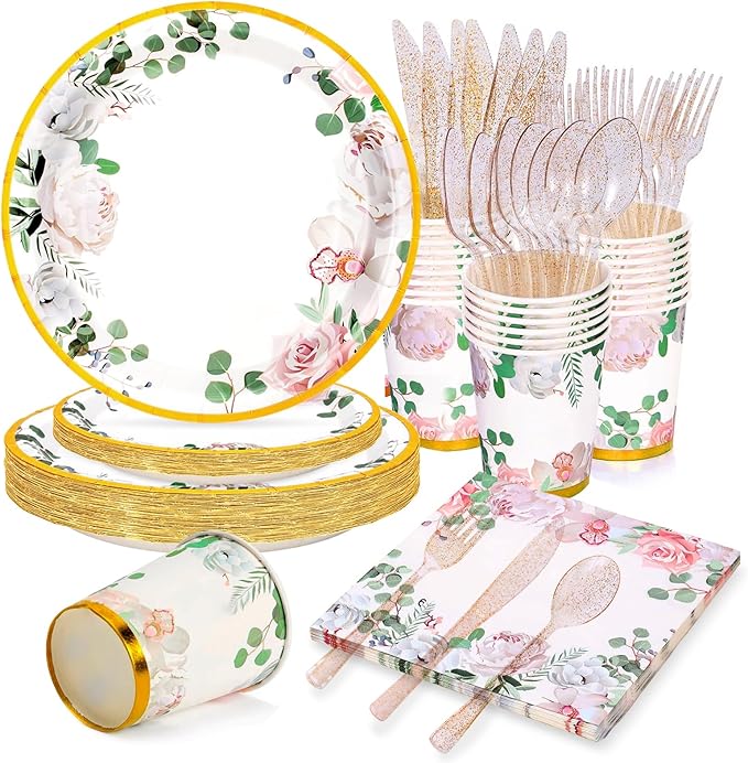 Amazon.com: AWLZJZQA 168 PCS Floral Plates and Napkins Party Supplies ...