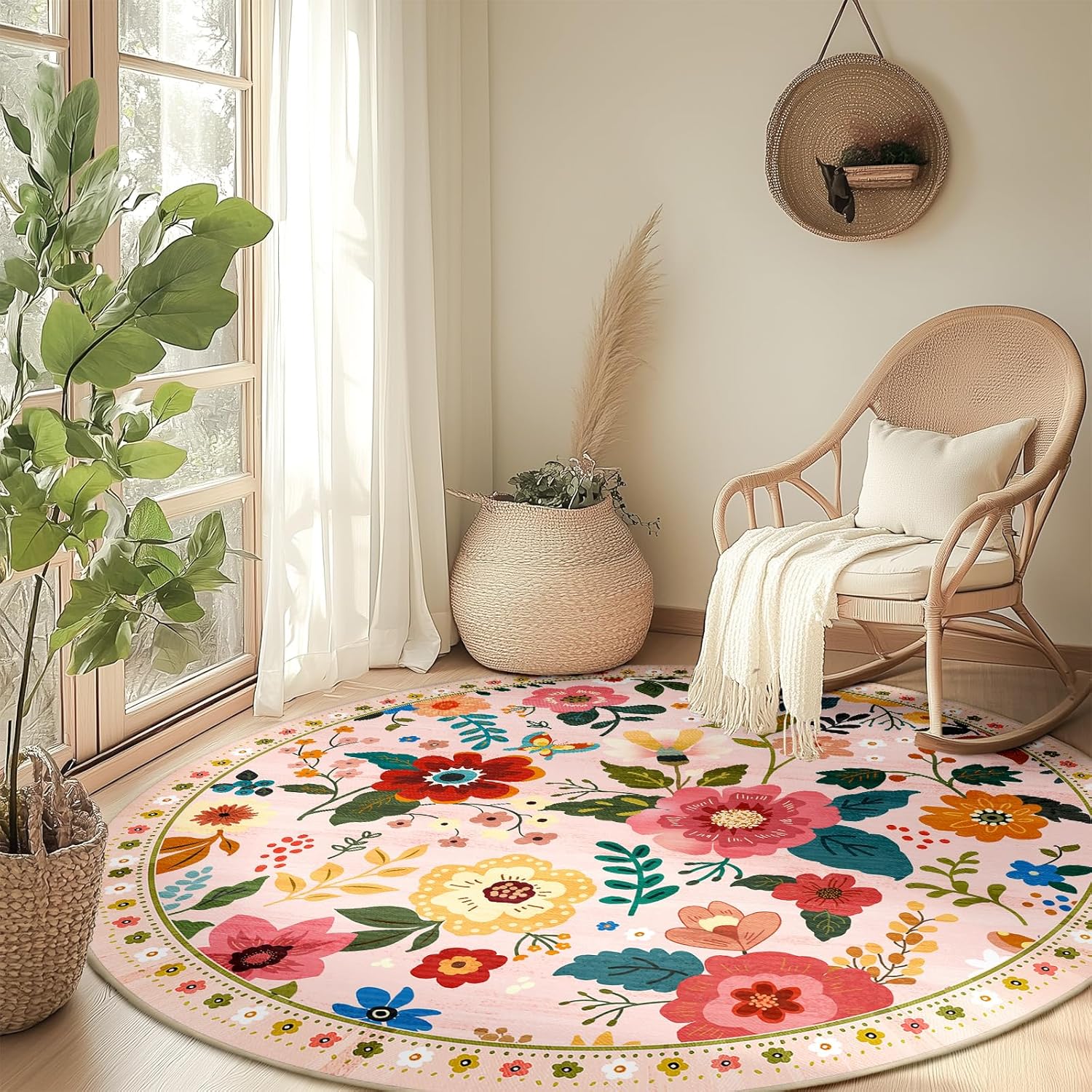 Amazon.com: RELEANY Floral 6ft Area Rug Machine Washable Boho Carpet ...