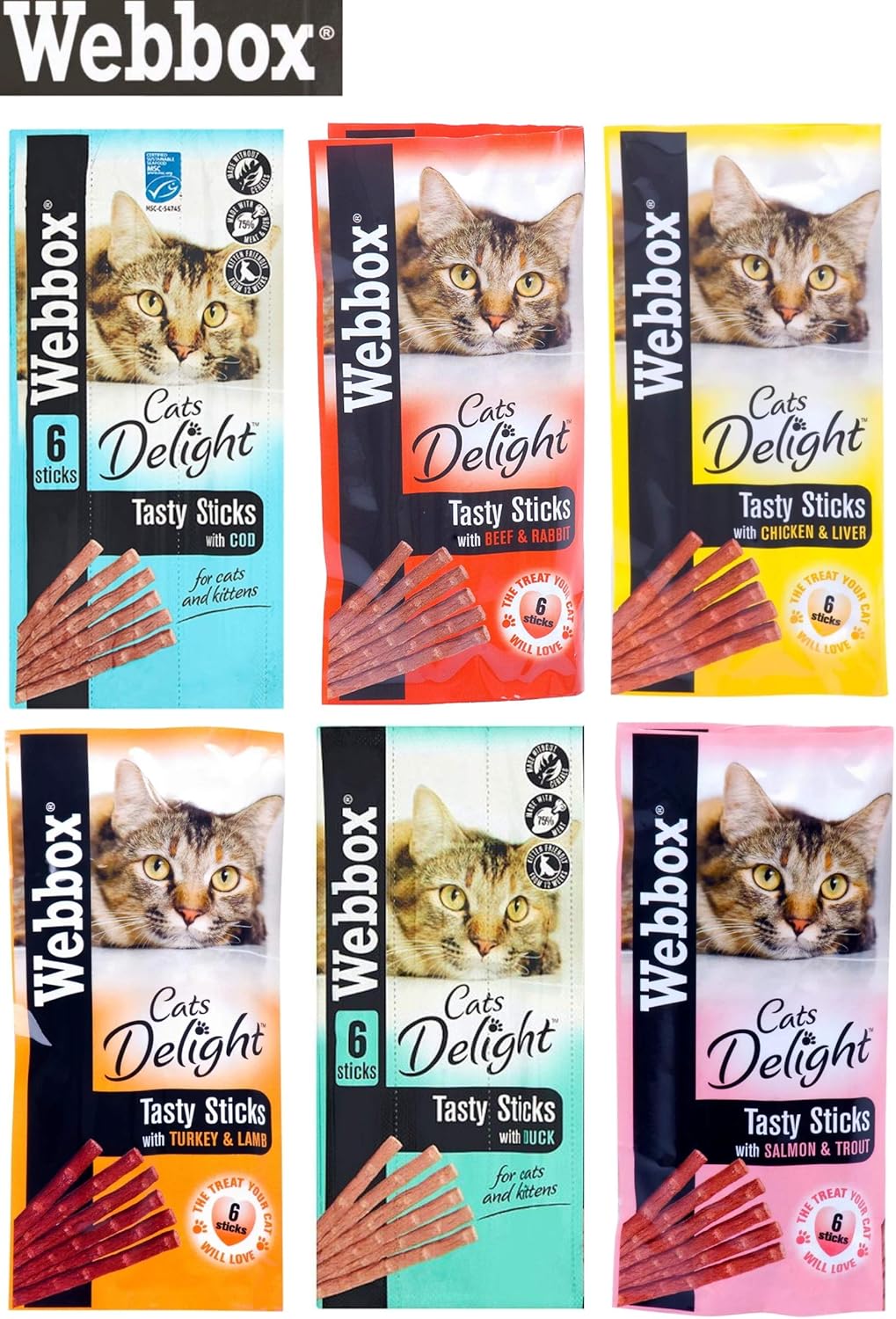 *NEW* 6 PACK MIXED WEBBOX CAT STICKS CAT KITTEN MEATY STICK TREAT COD ...