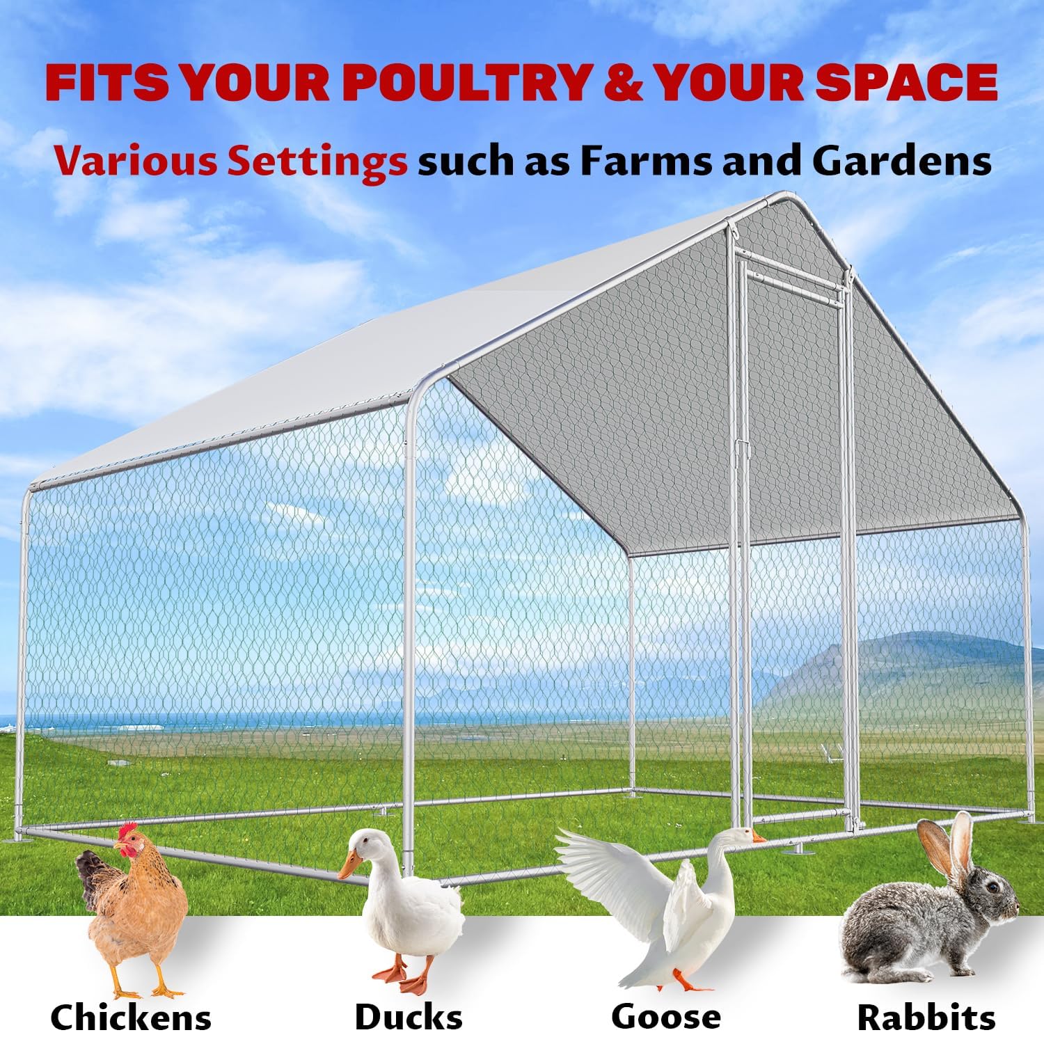 Large Chicken Coop Walk-in Metal Poultry Chicken Run Pen Rabbits ...