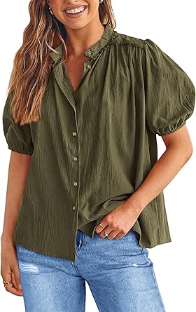 Women's Summer Button Down Shirts Short Lantern Sleeve, Casual Tops V ...