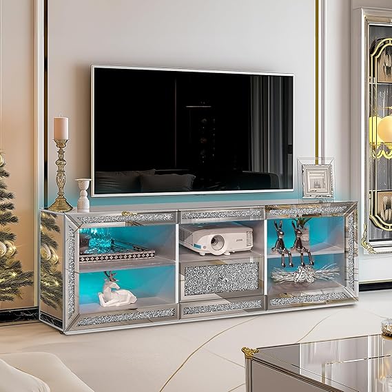 Amazon.com: VINGLI Mirrored TV Stand with Sparkling Diamonds & LED ...