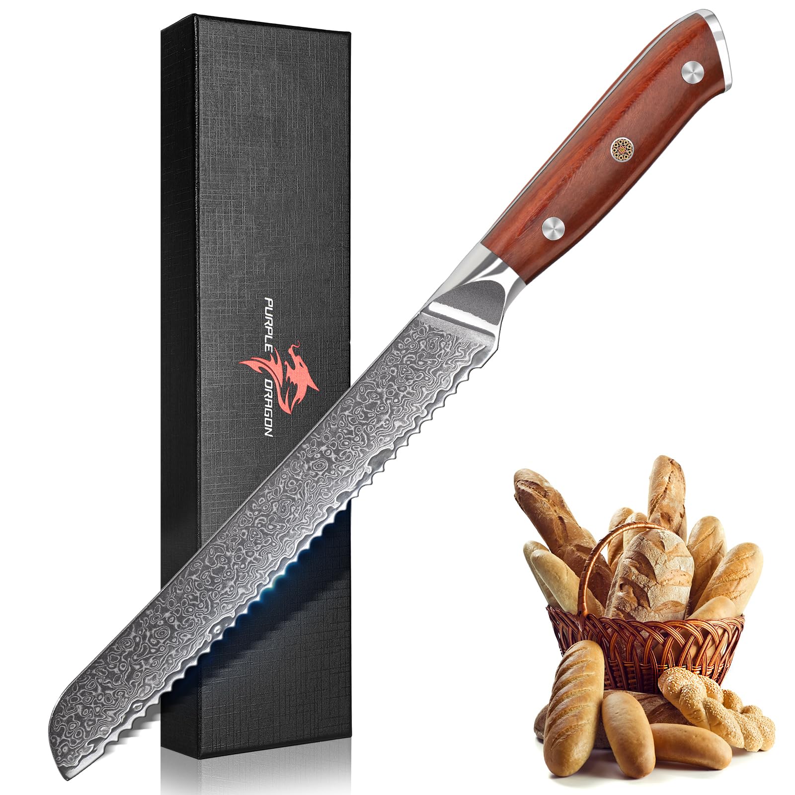 Amazon.com: Purple Dragon Damascus Bread Knife 8 Inch, VG10 Steel ...
