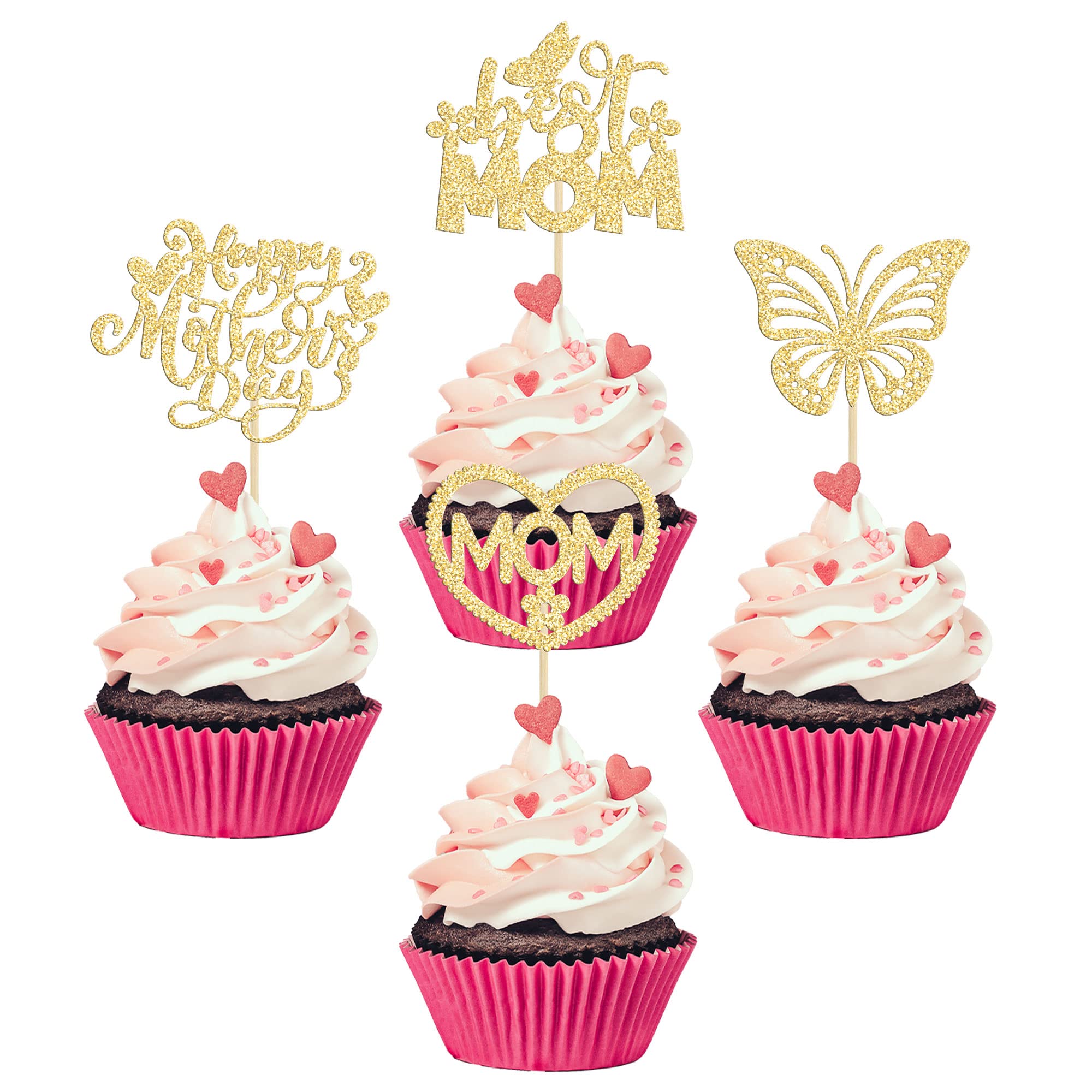 Amazon.com: 24Pcs Mother's Day Cupcake Toppers Gold Glitter Best Mom ...