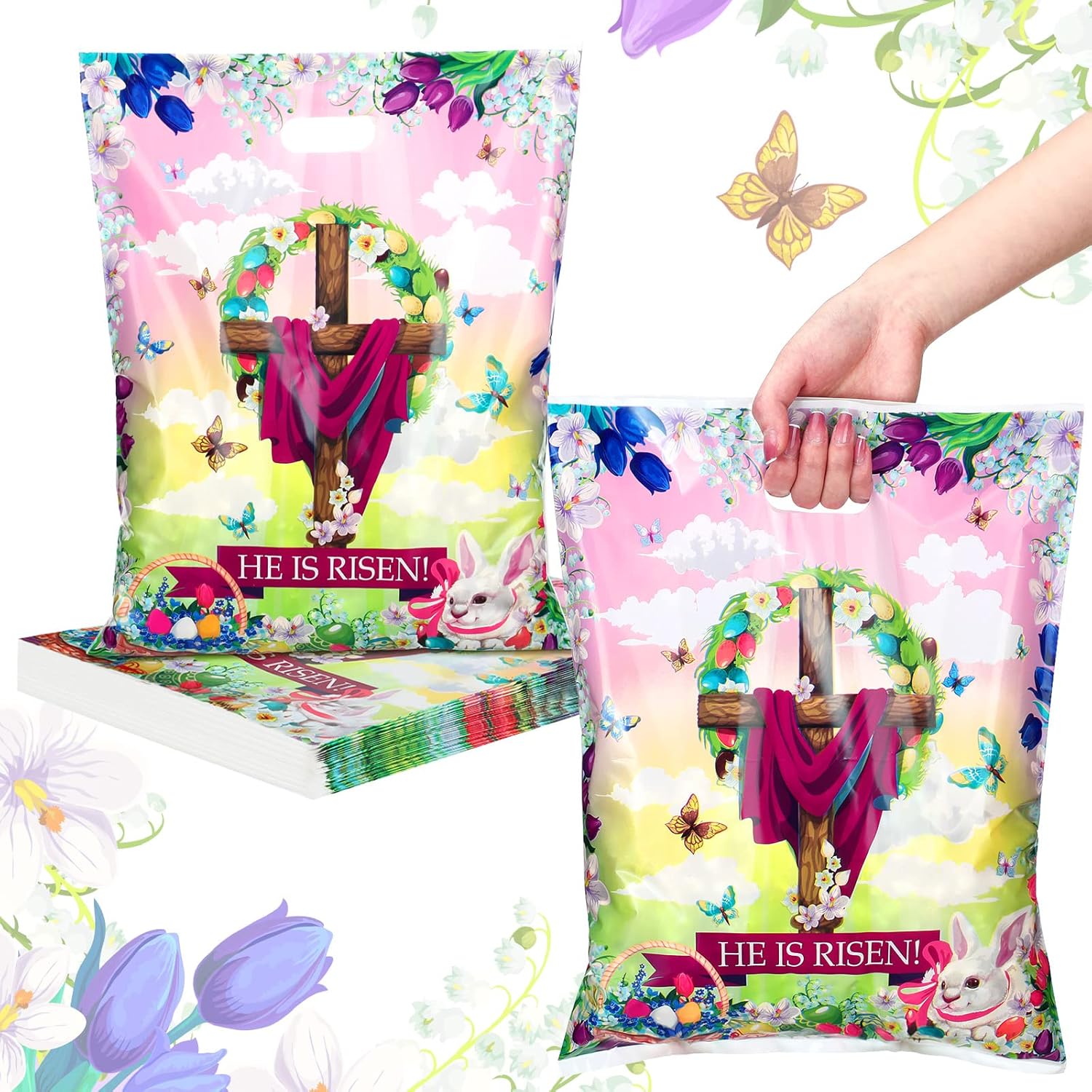 Amazon.com: 50 Pcs Religious Easter Plastic Bags He is Risen Party ...