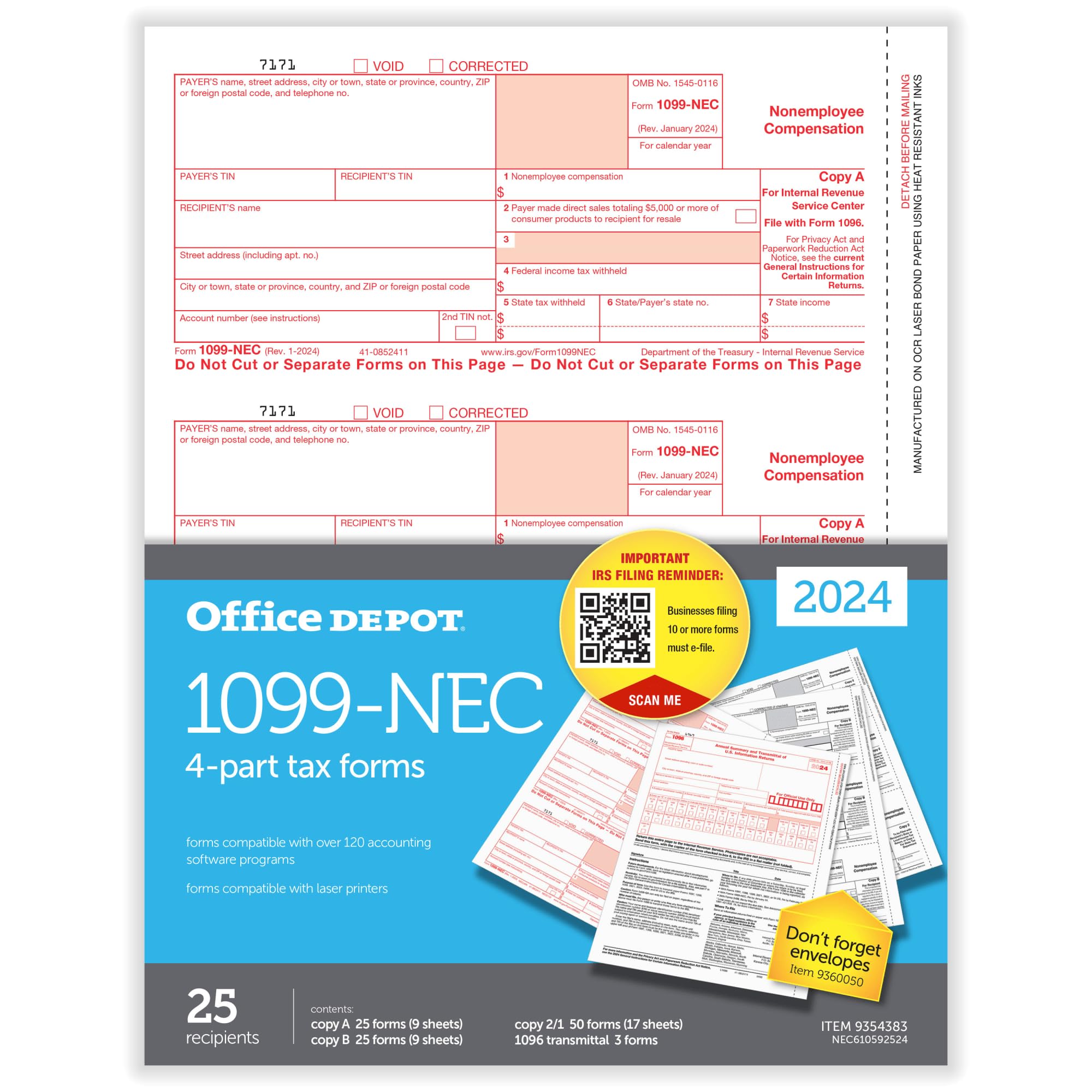 Amazon.com : Office Depot® 1099-NEC Laser Tax Forms, 4-Part, 2-Up, 8-1/ ...