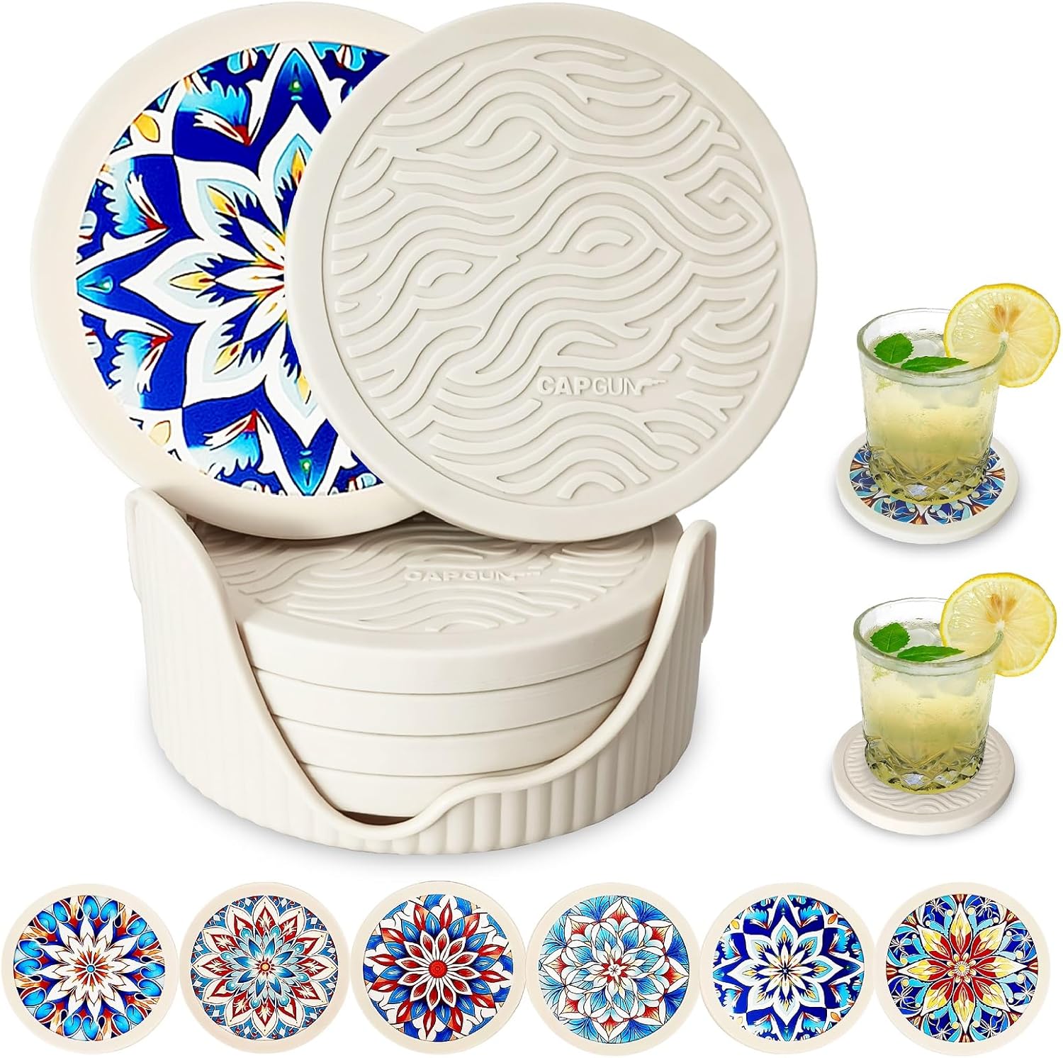 Amazon.com: 6-Pack Silicone Coasters with Deep Tray Holder - Double ...