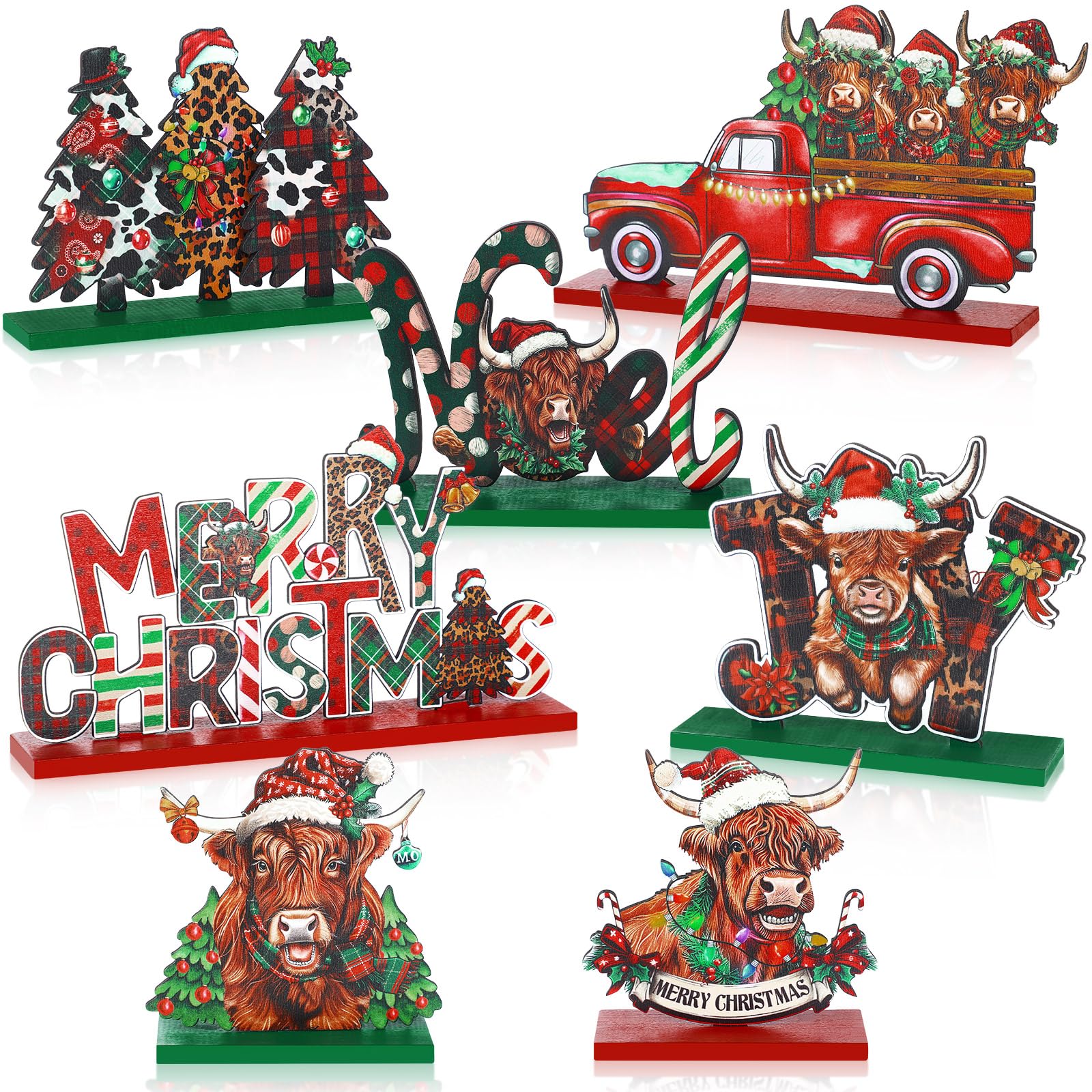 Amazon.com: Blosssound 7 Pcs Highland Cow Christmas Decorations Wooden ...