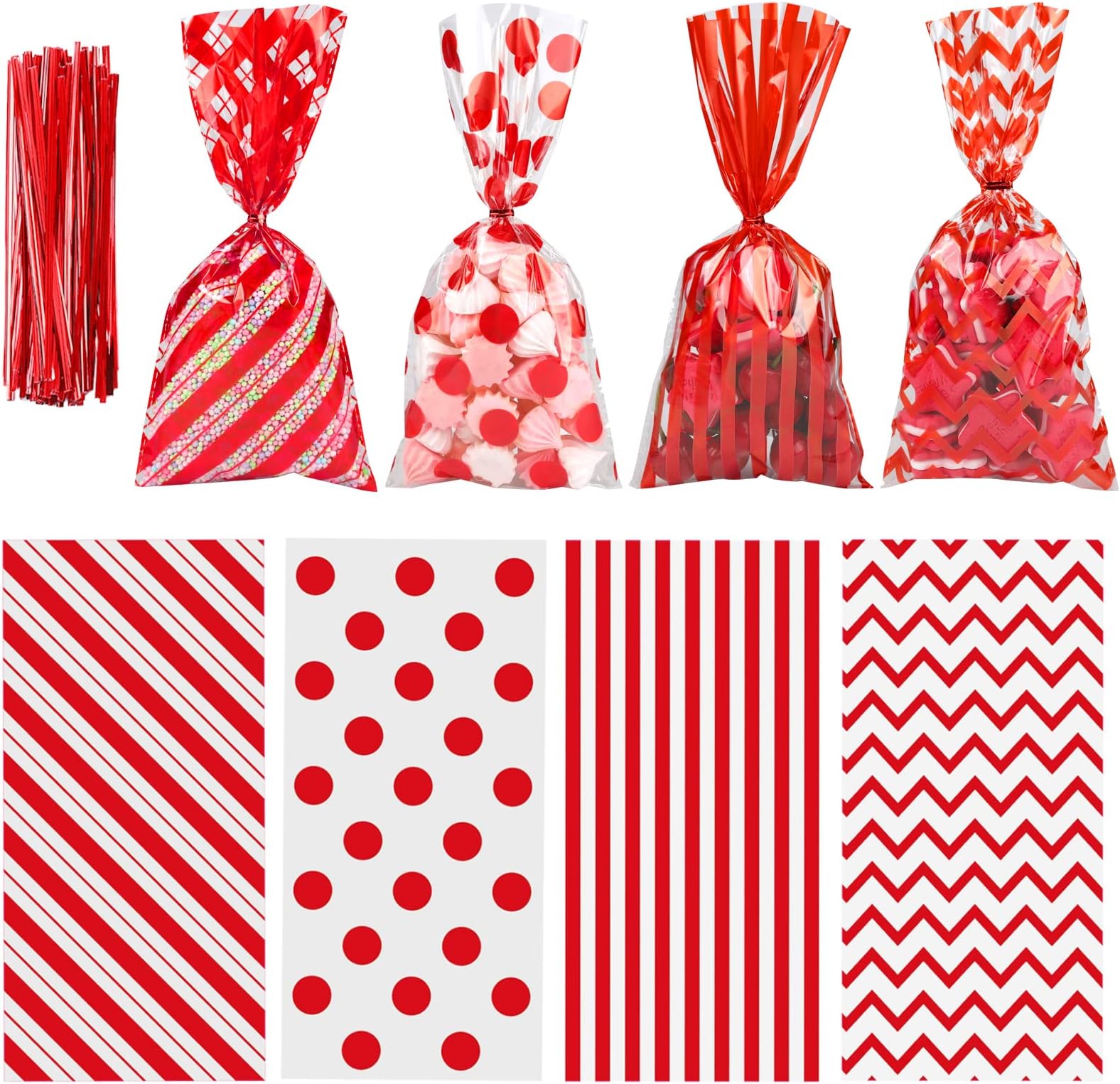 Amazon.com: Clear Plastic Cellophane Treat Bags - Red White Stripes ...