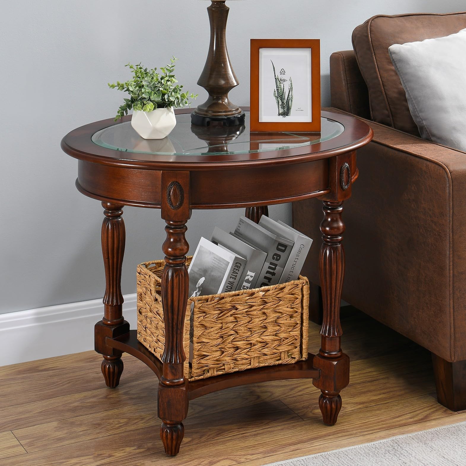 Amazon.com: MODERION Solid Wood End Table with Tempered Glass, Oval ...