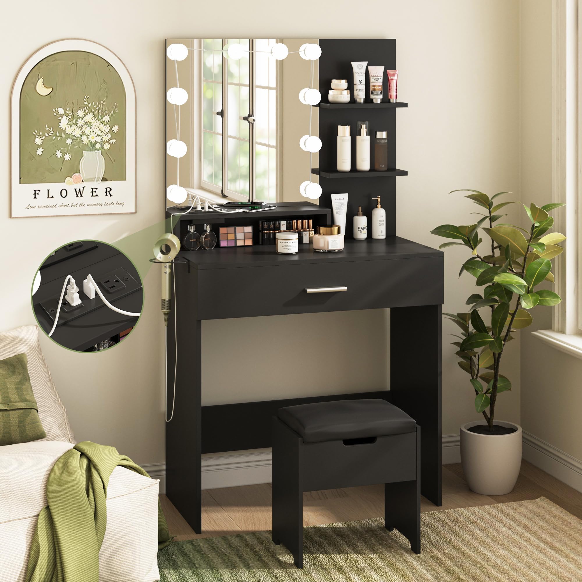 Amazon.com - FIONESO Makeup Vanity Desk with Mirror & Lights, Vanity ...