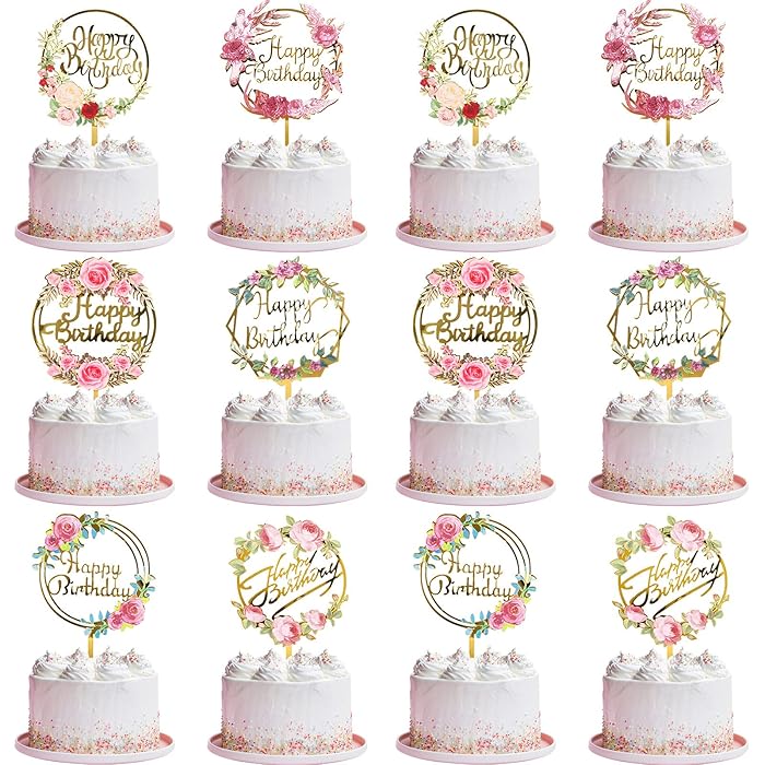 Buy 12 Pieces Happy Birthday Cake Toppers Acrylic Glitter Cake Toppers ...