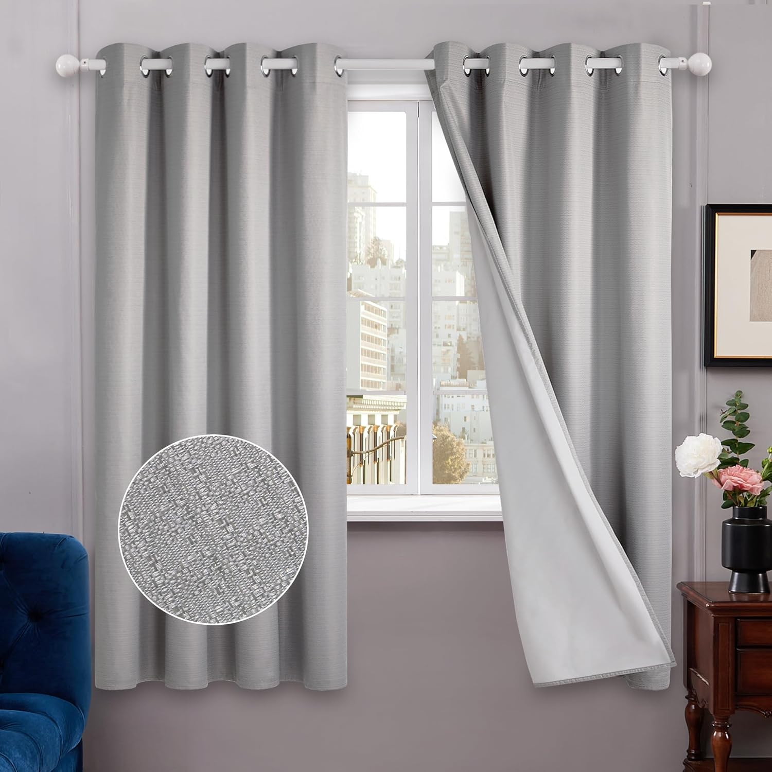 Deconovo Silver Curtains Eyelet, 100% Blackout Curtains with Coating ...