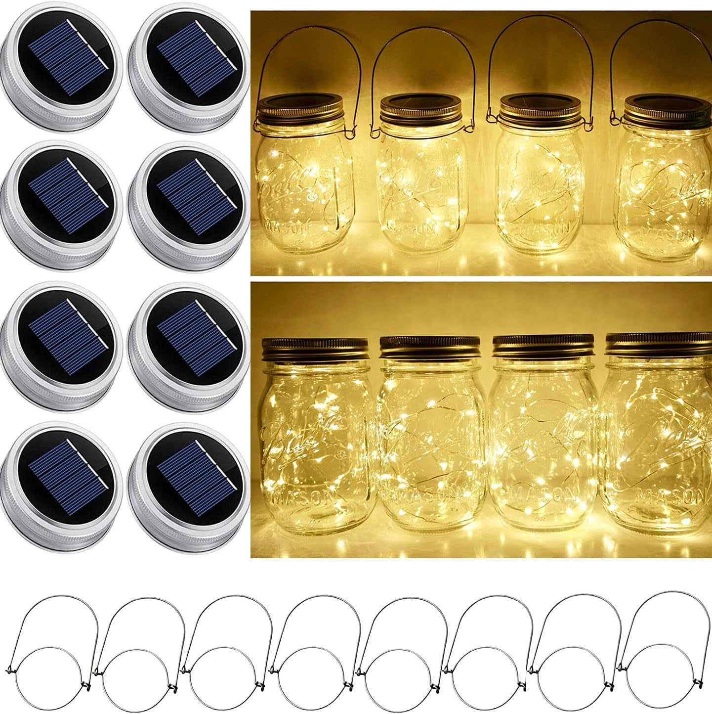 ANGMLN Solar Mason Jar Lights Lids, 10 Pack 30 LED Solar Fairy Lights ...