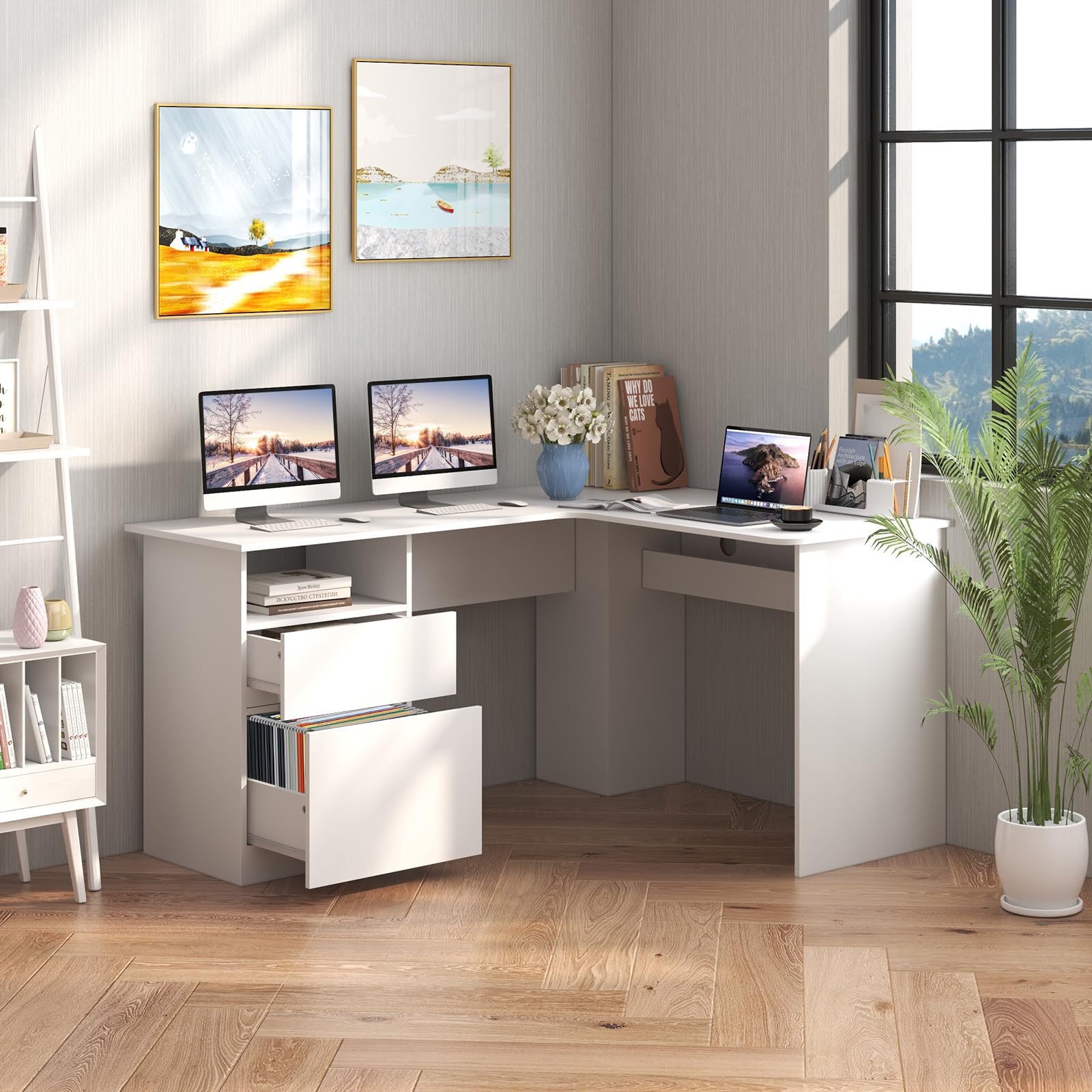 Secretary Desk With Shelves Catrimown Computer Desk, White Desk With 4 ...