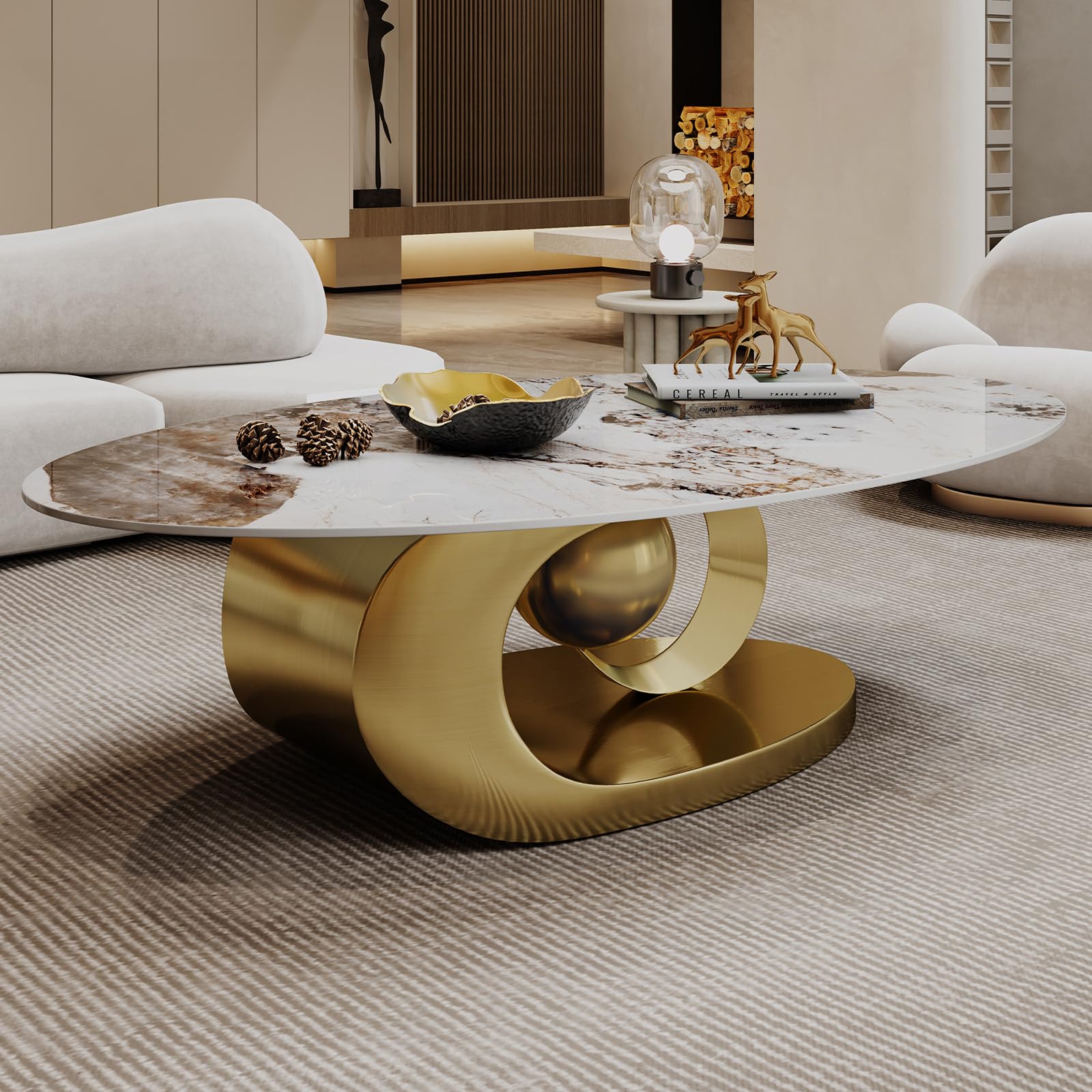 Amazon.com: Modern Oval Stone Coffee Table with Gold Metal Base ...