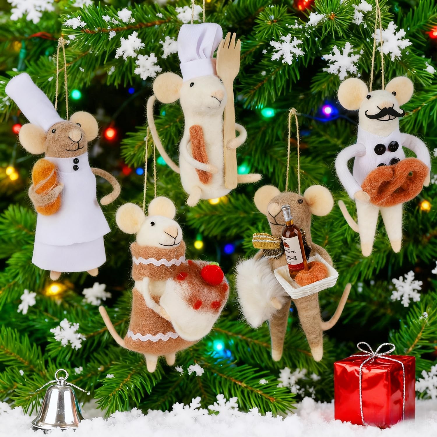 Set of 5 Christmas Felt Mice Ornaments, 4.7" Mini Hanging Wool Chef ...