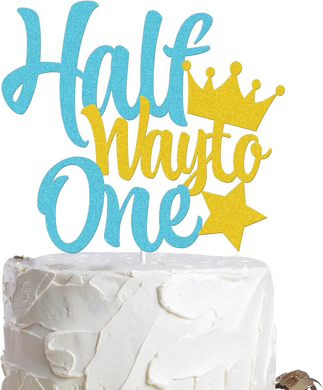 Amazon.com: Half Way To One Cake Topper Blue Gold Glitter 6 Months ...