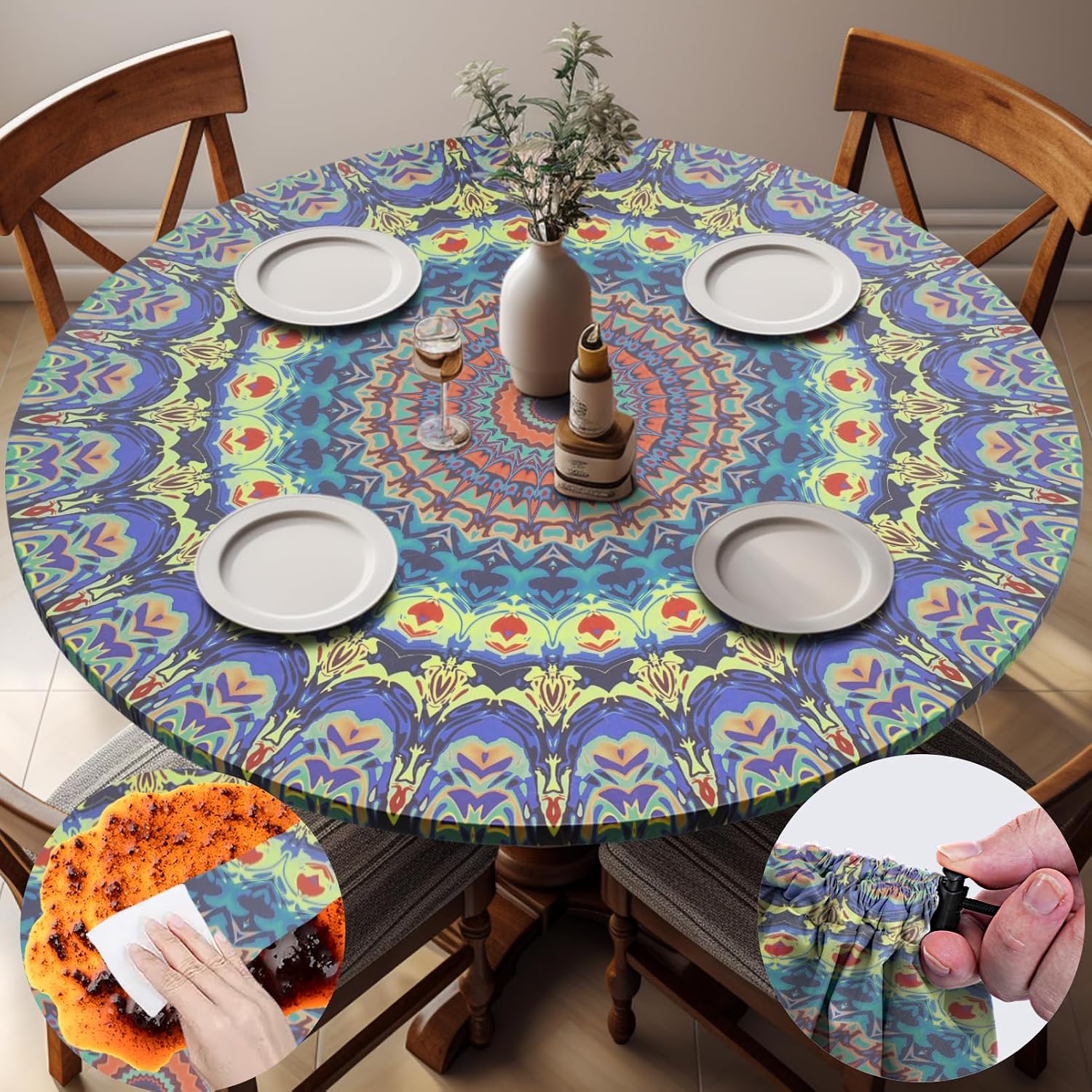 Amazon.com : opstellen Fitted Waterproof Round Tablecloth Small Mandala ...