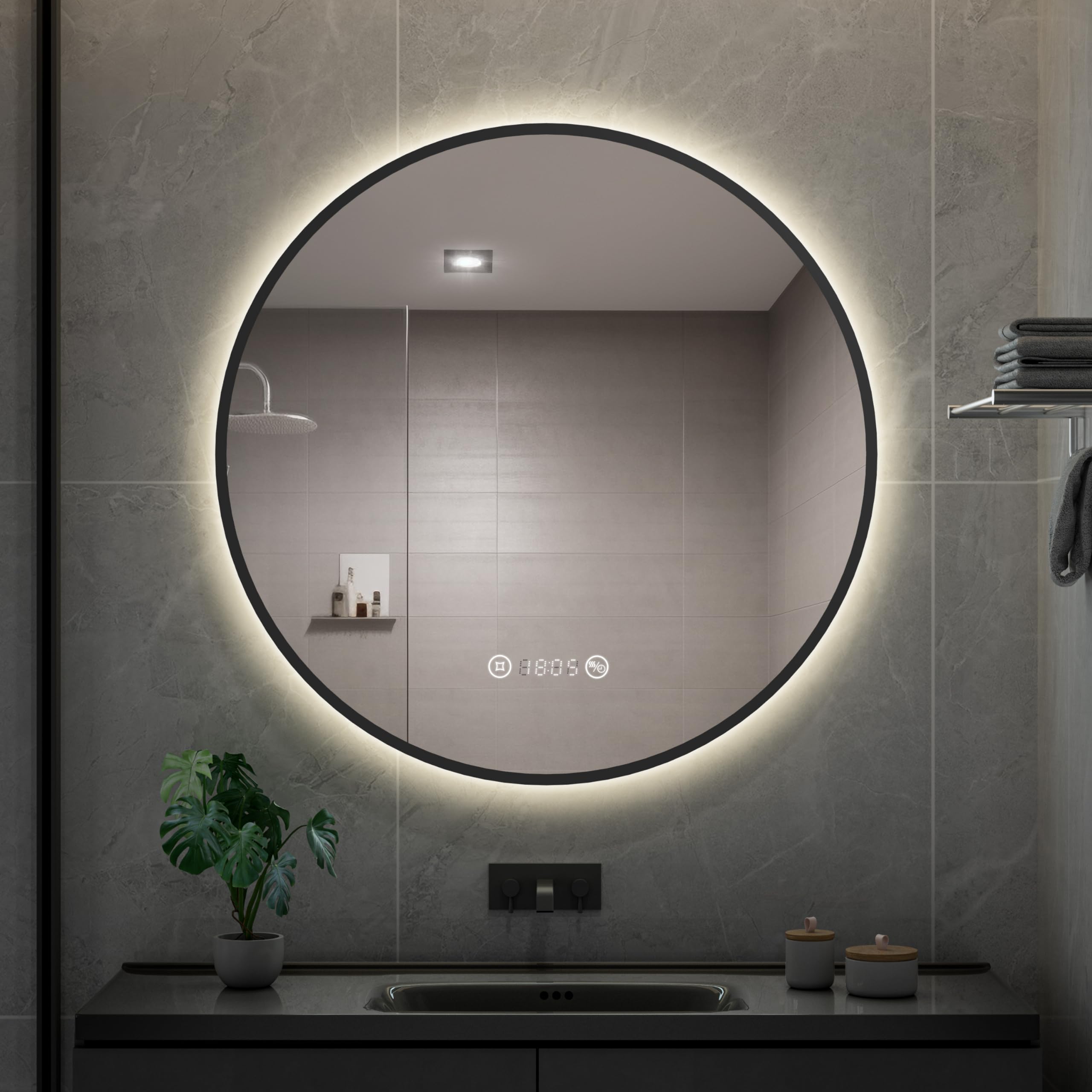Heilmetz Round Black Mirror with LED Light, 600mm Bathroom Led Mirror ...