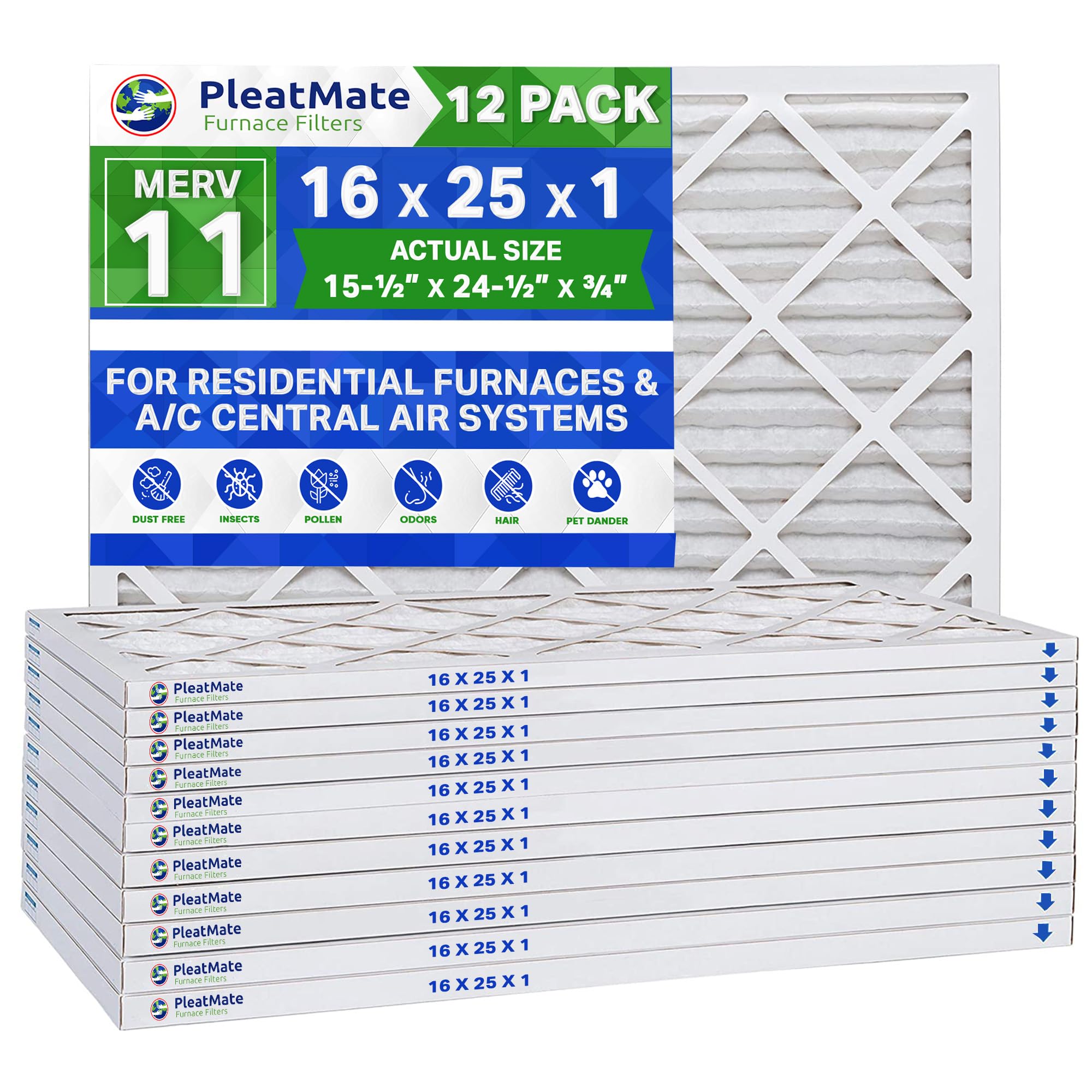 Furnace Filter 16x25x1 MERV 11 Pleated Furnace Air Filter. Case of 12 ...