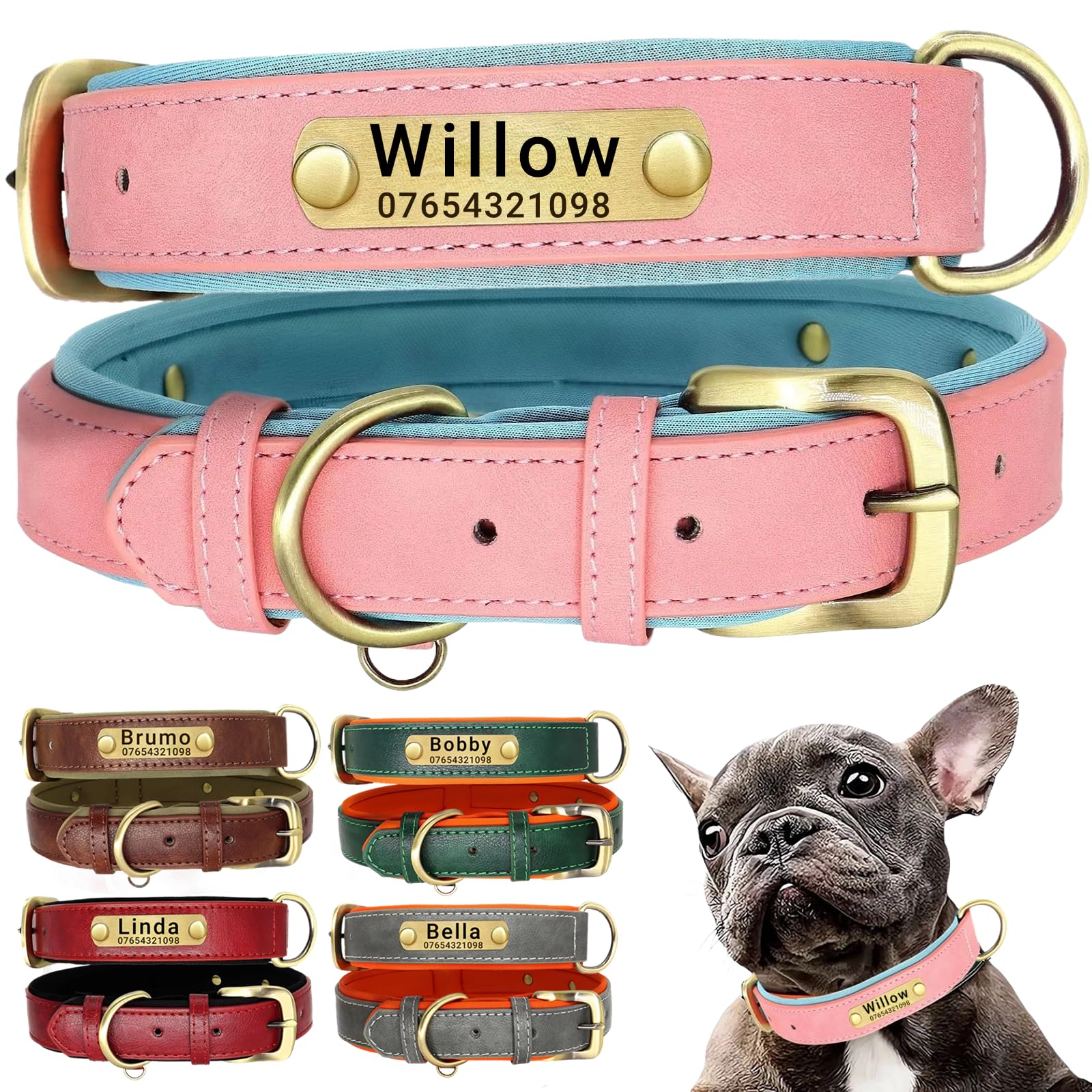 SEOUGEE Genuine Leather Dog Collar Personalised, Soft Padded Leather ...