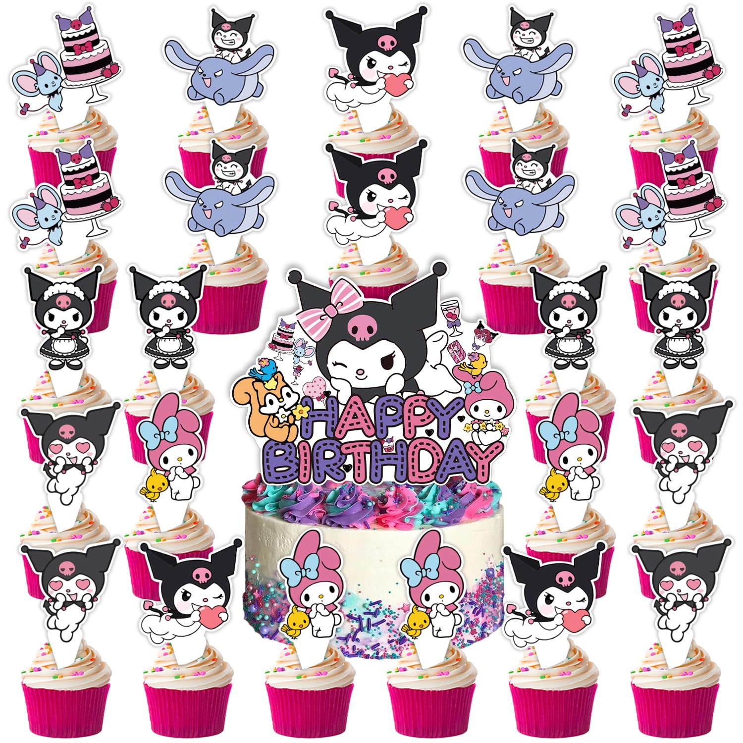 25pcs Cute Cartoon Cake Topper Kawaii Anime Cupcake Toppers Happy ...
