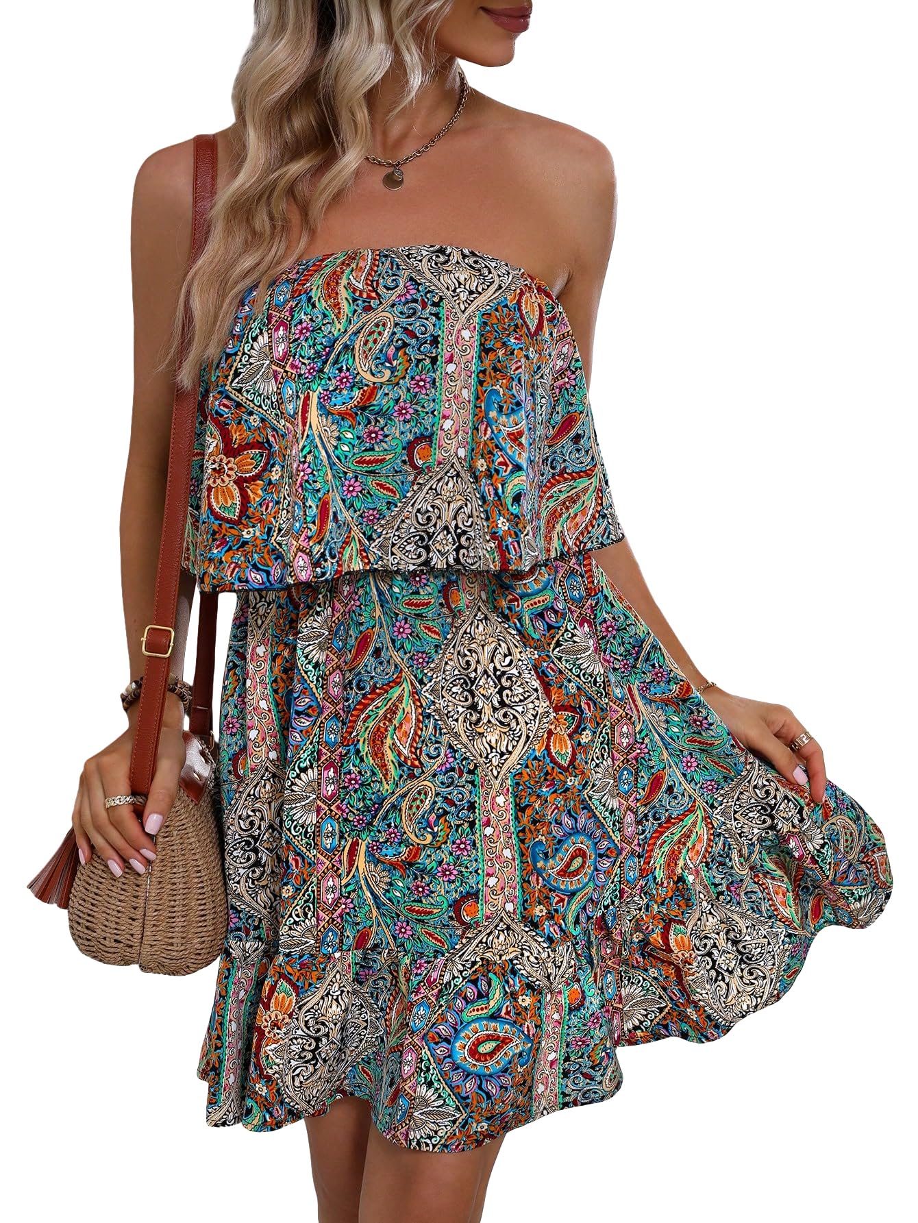 WDIRARA Women's Paisley Print Sleeveless Strapless Ruffle Hem Summer ...